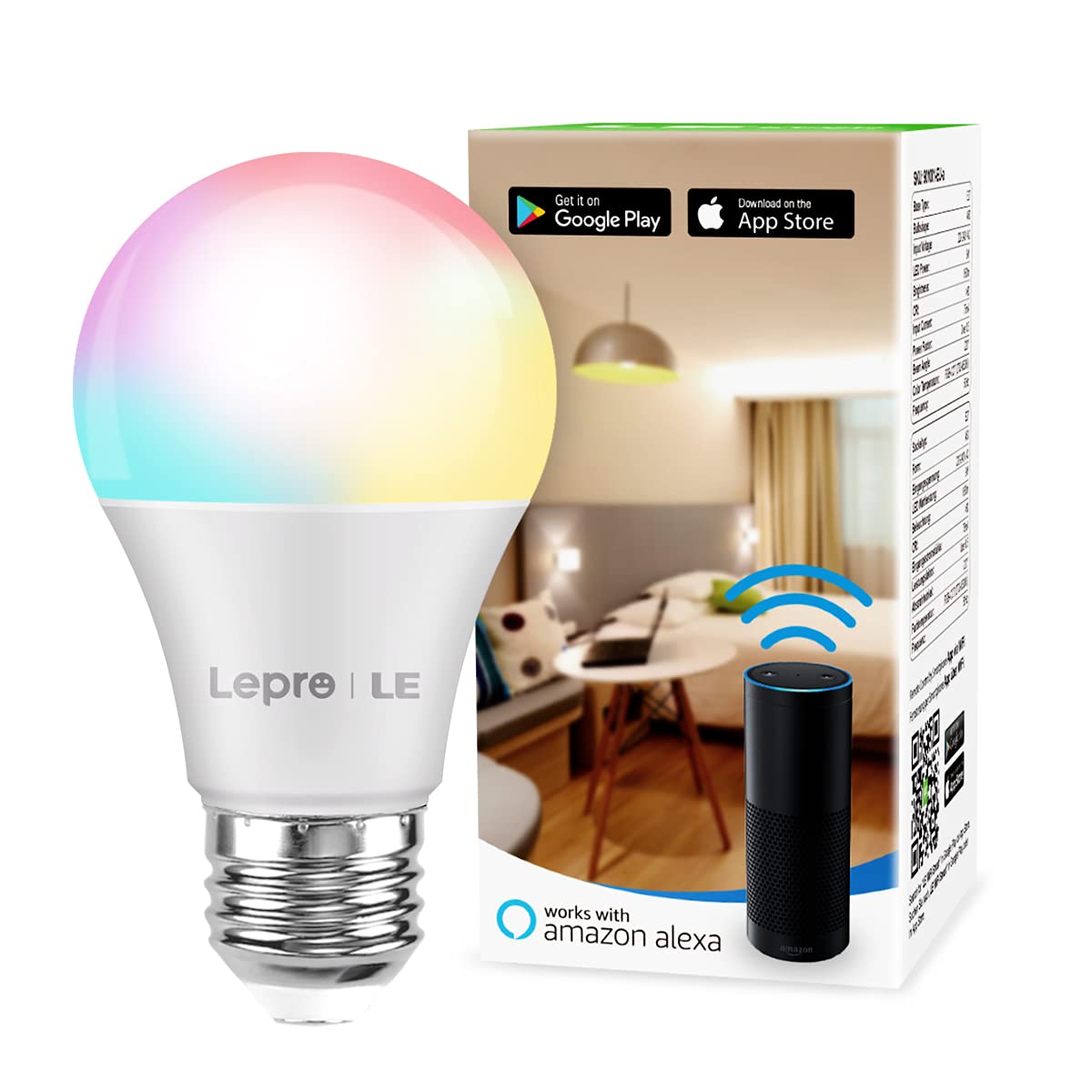LE Smart Light Bulbs, LED Color Changing Lights, Works with Alexa and Google Assistant, RGB & Soft Warm White, 60 Watt Equivalent, Dimmable with App, A19 E26, No Hub Required, 2.4GHz WiFi Only