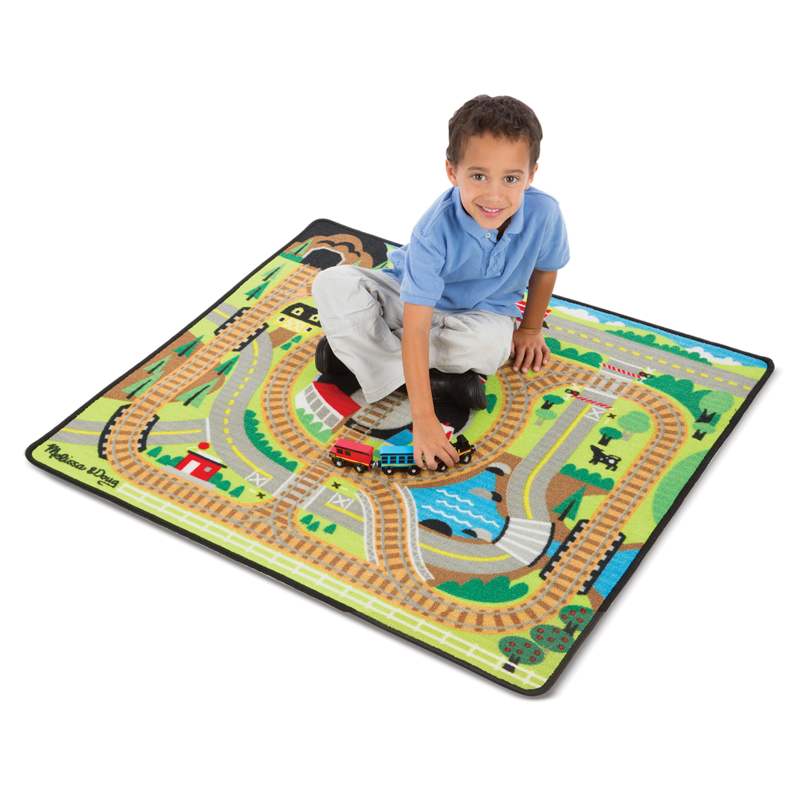 Melissa & Doug Round the Rails Train Activity Play Rug, 3 Wooden Train Cars (39" x 36")
