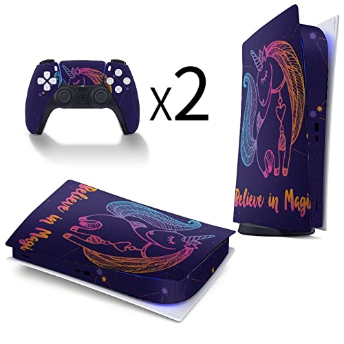 Unicorn Believe in Magic Full Protective Skin Cover Design Wrap Decal Sticker Compatible with PS5 Digital Edition Console and Controller