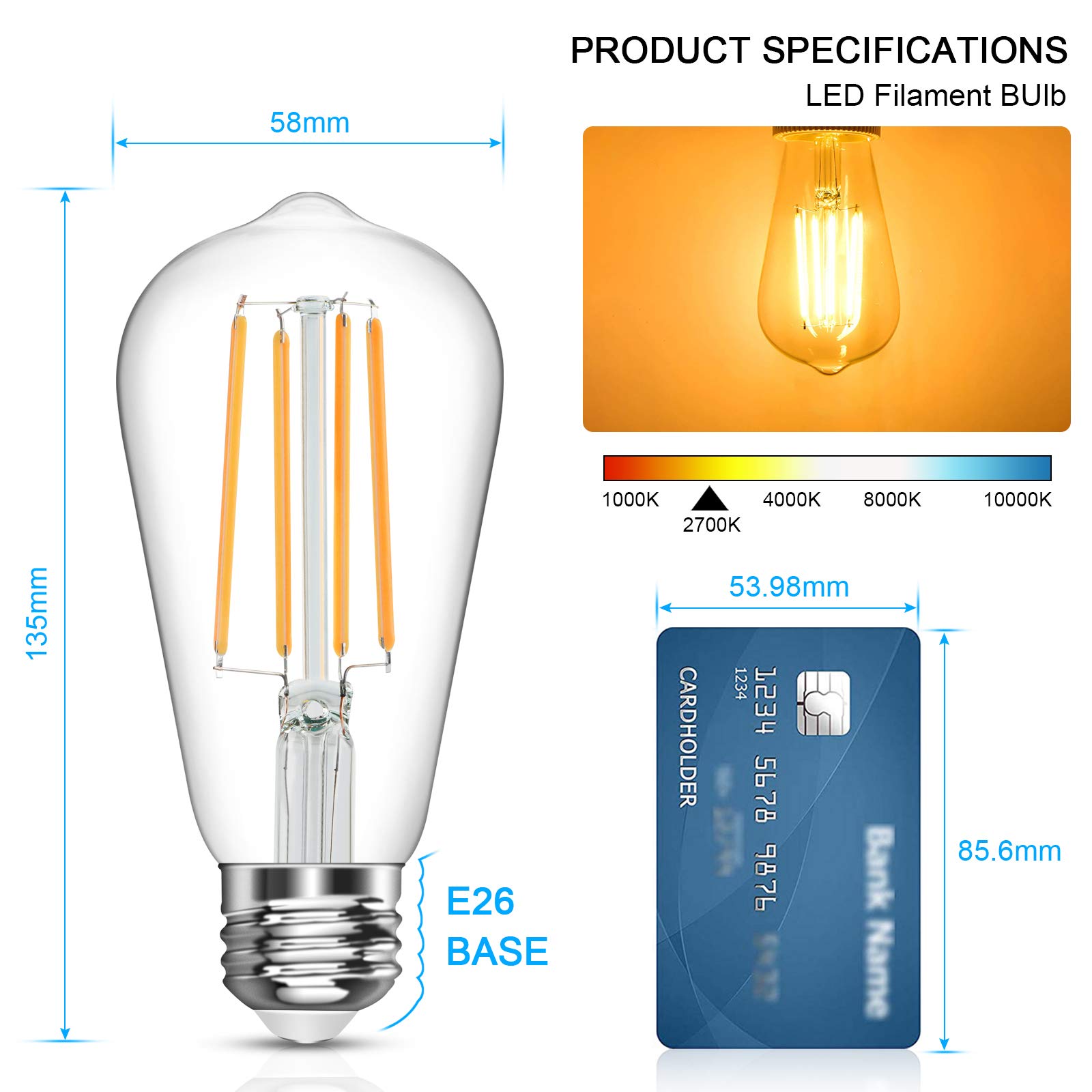 LANGREE LED Vintage Edison Bulb, Soft White 2700k, 6W Equivalent 60W, E26 Medium Base, Dimmable Light Filament Bulb, Protection Led Bulb, High CRI 95+ Eye, Clear Glass for Home, Pack of 5