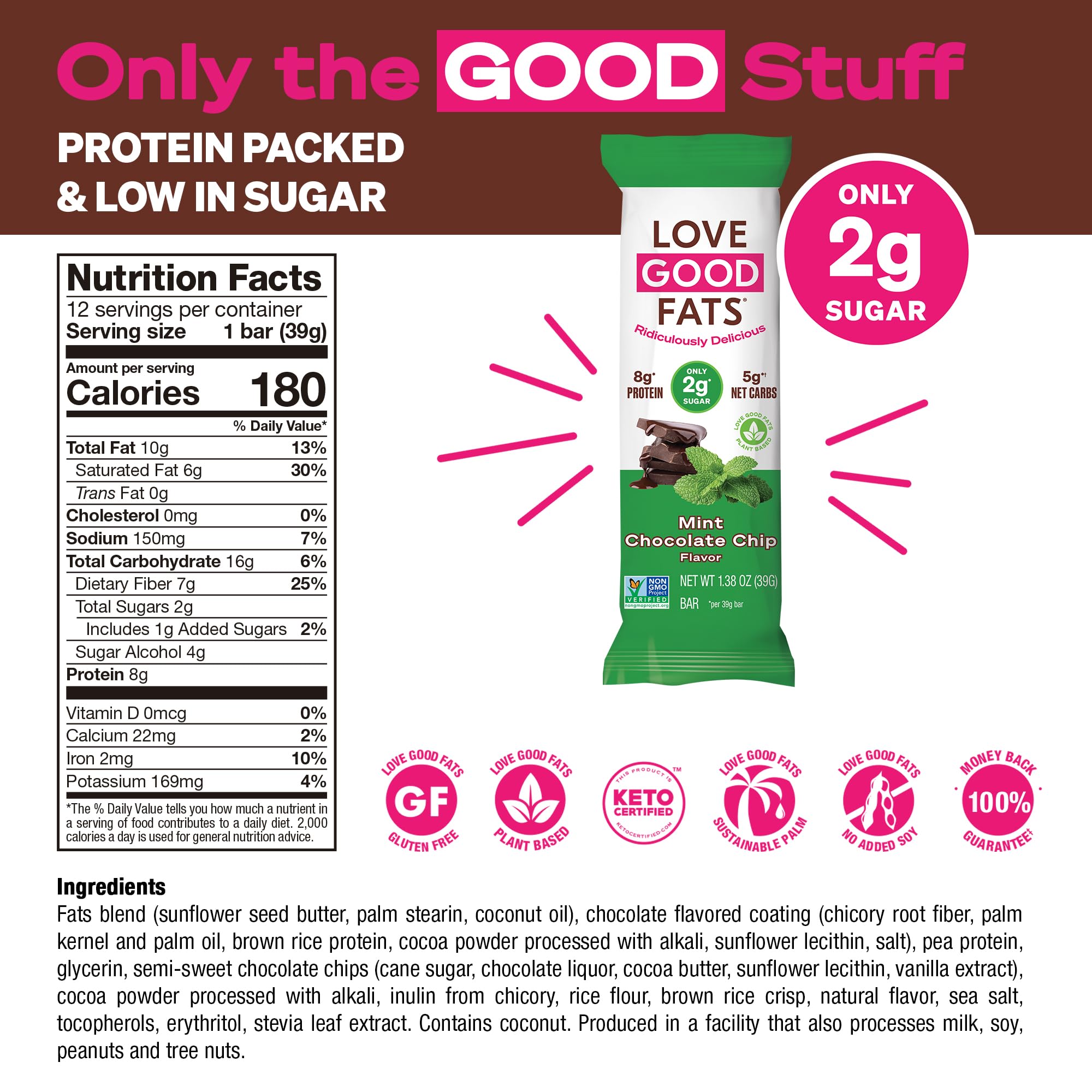 Love Good Fats Mint Chocolate Chip and Truffle Peanut Butter Chocolate - Plant-Based Protein Snack, Low Carb, Low Sugar, Gluten Free, Non GMO, 12 Pack