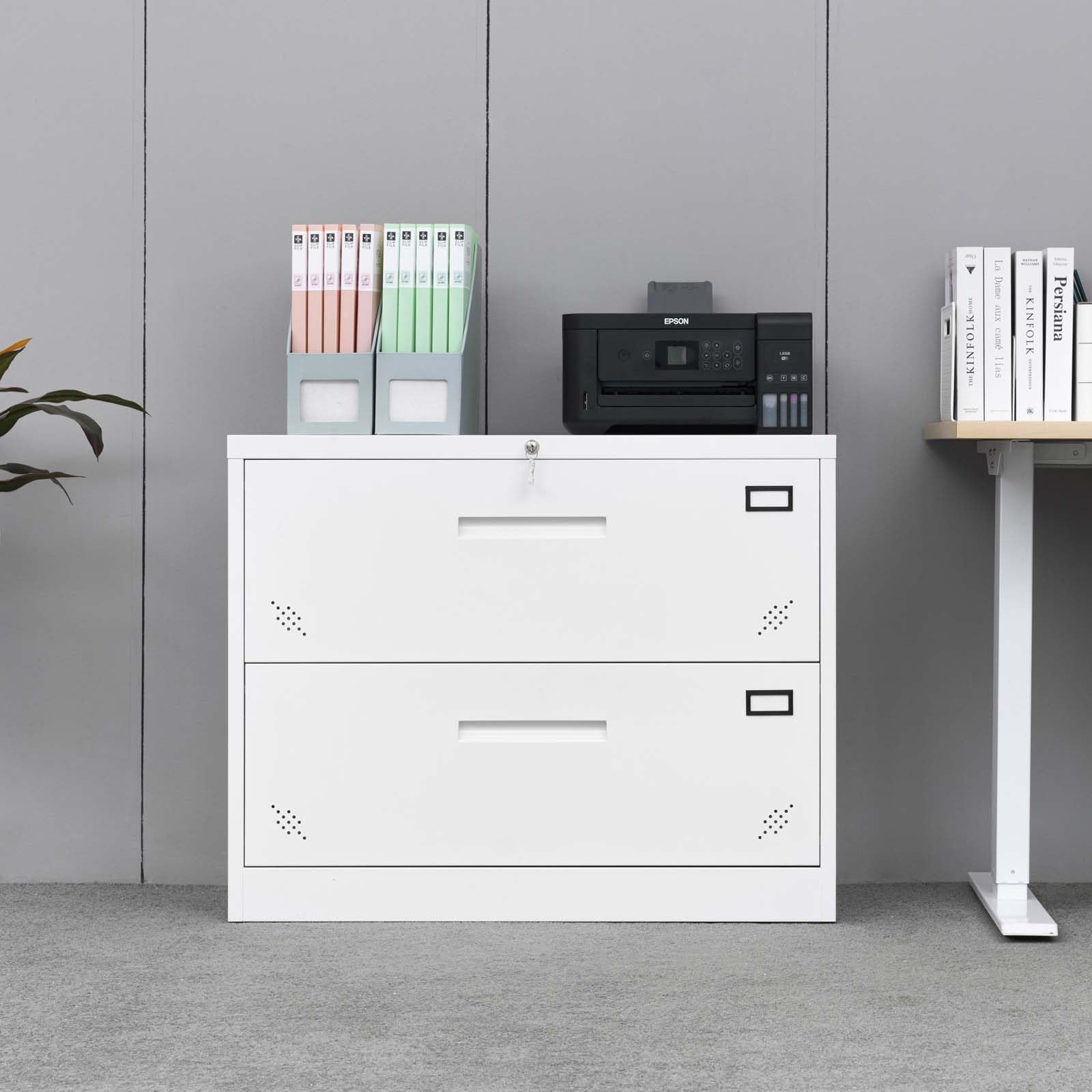 Lateral File Cabinet with Lock, 2 Drawer Large Metal Filing Cabinet, Home Office Lockable Storage Cabinet for Hanging Files Letter/Legal/A4 Size, Large Deep Drawers-Assembly Required (White)