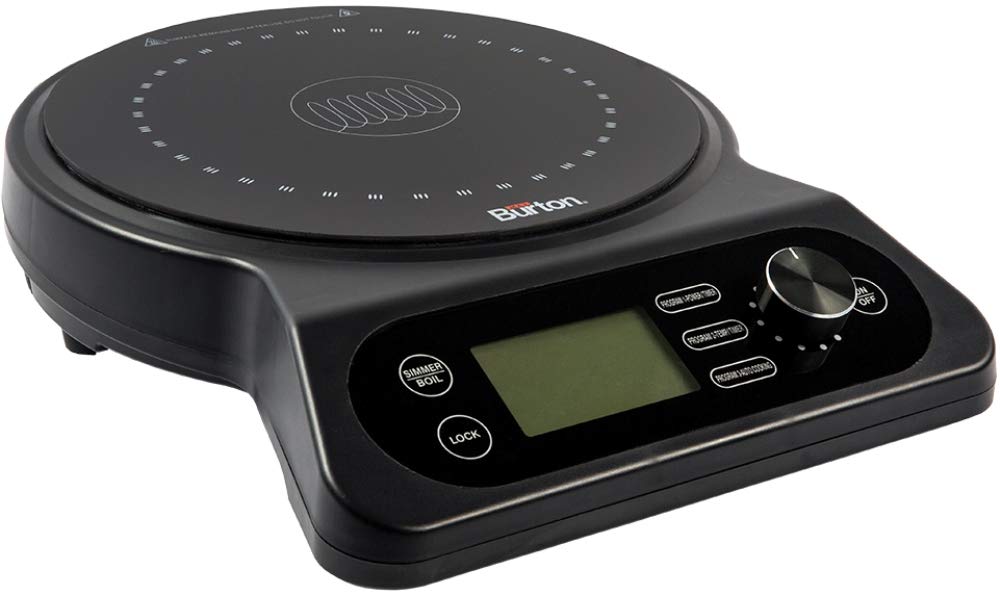 Max Burton 6600 Model 18XL Digital Induction Cooktop, Portable, 1800W/120VAC, LCD Display, Push-To-Set Control Knob, Touchpad Controls, 21 Temperature Settings, Program Lock, Programmable Cooking