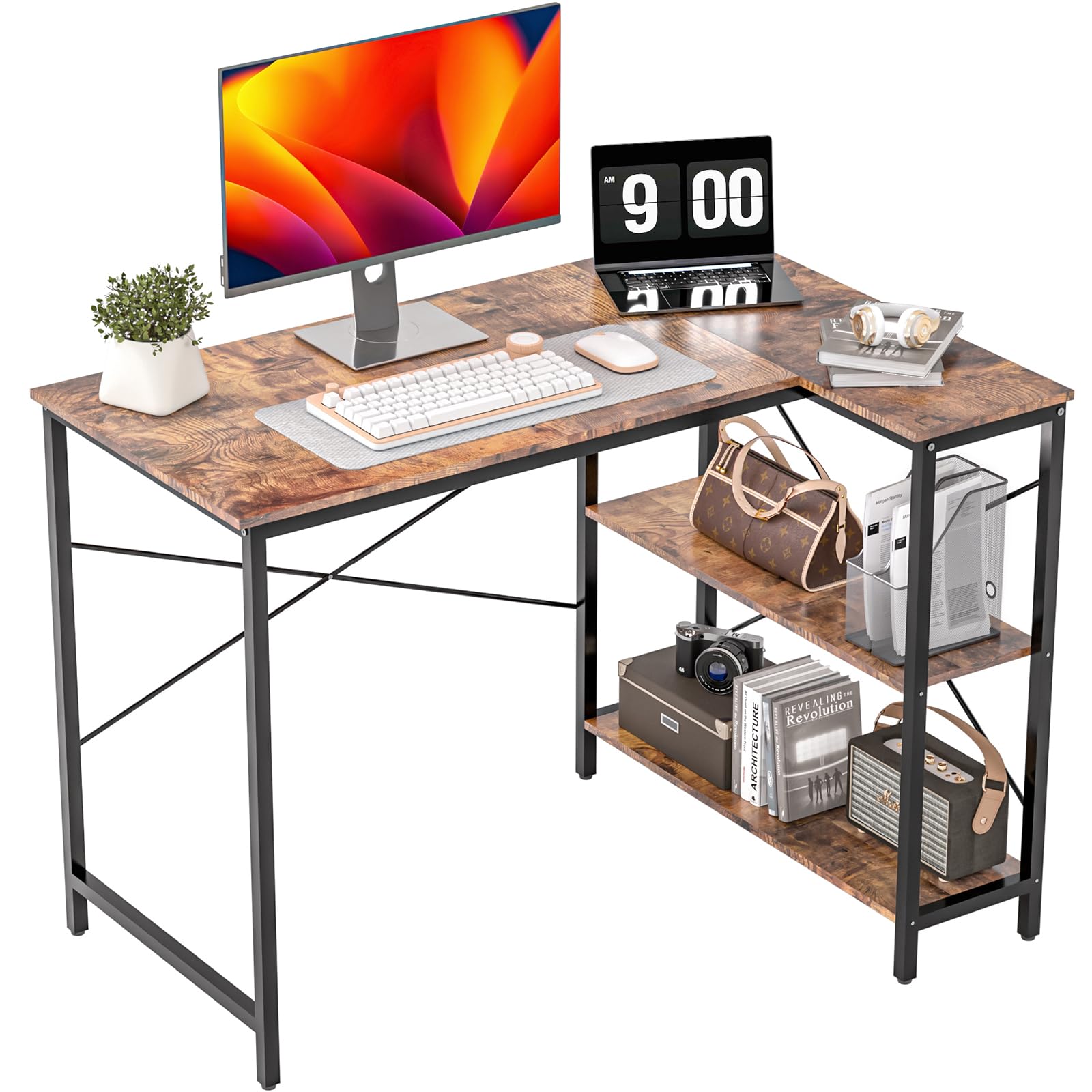 WASAGUN Small Computer Desk,35 Inch L Shaped Desk with Storage Shelves,Gaming Desk,Home Office Corner Reversible Pc Desk,Study Writing Table,Black