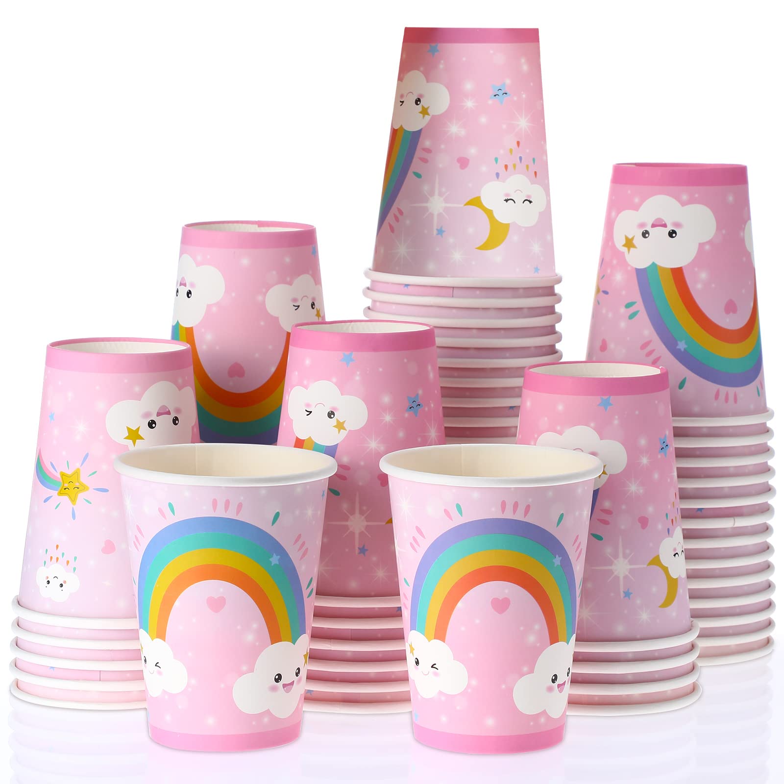Junkin 60 Pcs 12 oz Rainbow Paper Cups Disposable Rainbow Cups Rainbow Party Decorations Birthday Theme Party Decor for Baby Shower Party Supplies Tableware