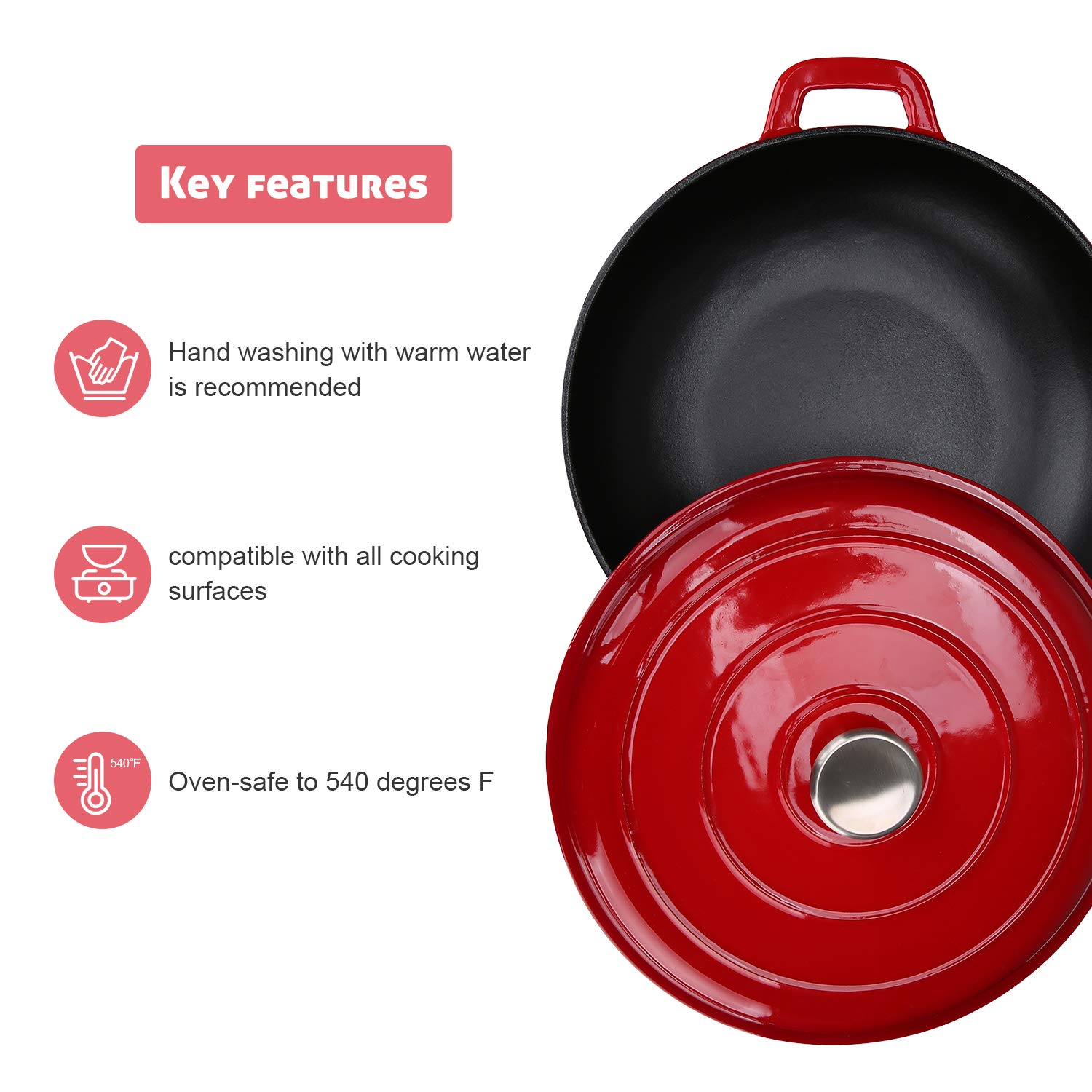 Puricon Enameled Cast Iron Casserole Braiser Pan 3.8 Quart, 12 Inches Enamel Cookware Skillet with Lid and Dual Handles -Red