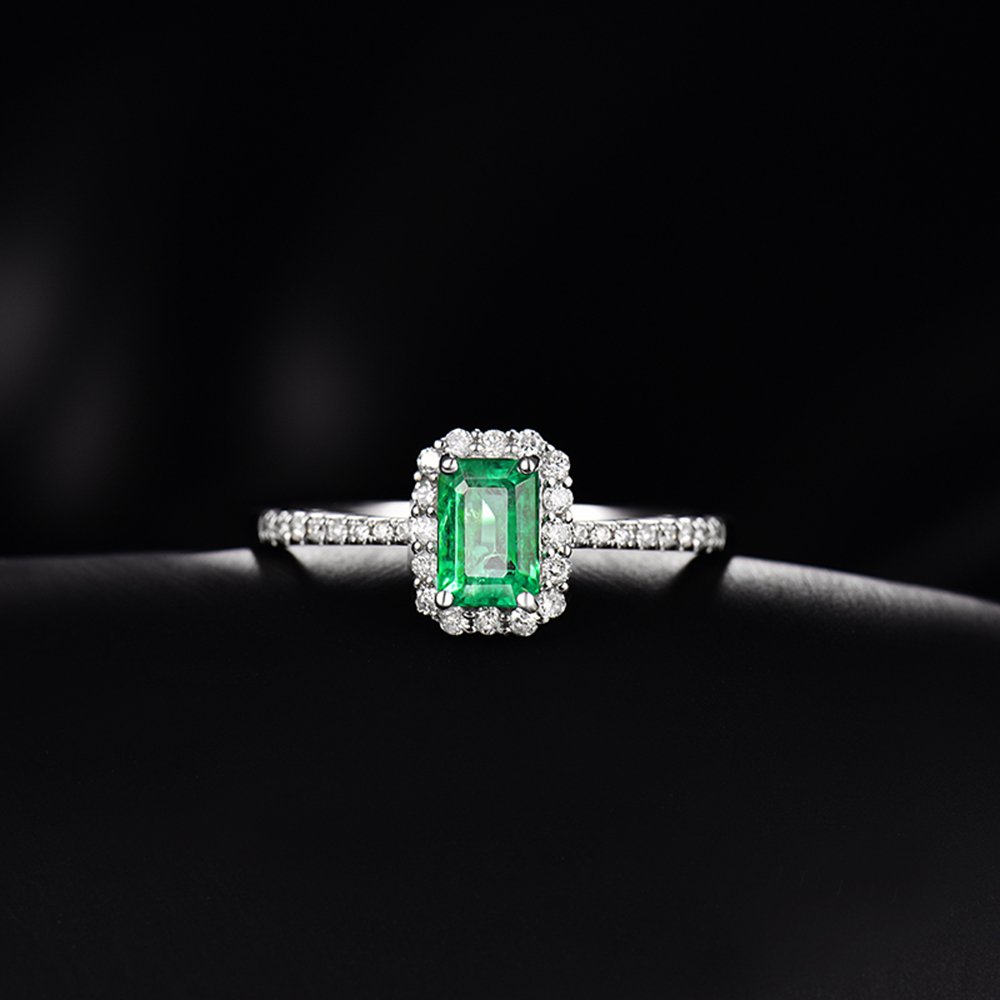 Lanmi 14K White Gold Natural Green Emerald Engagement Solitaire Rings Diamonds Wedding Band for Women Promotion