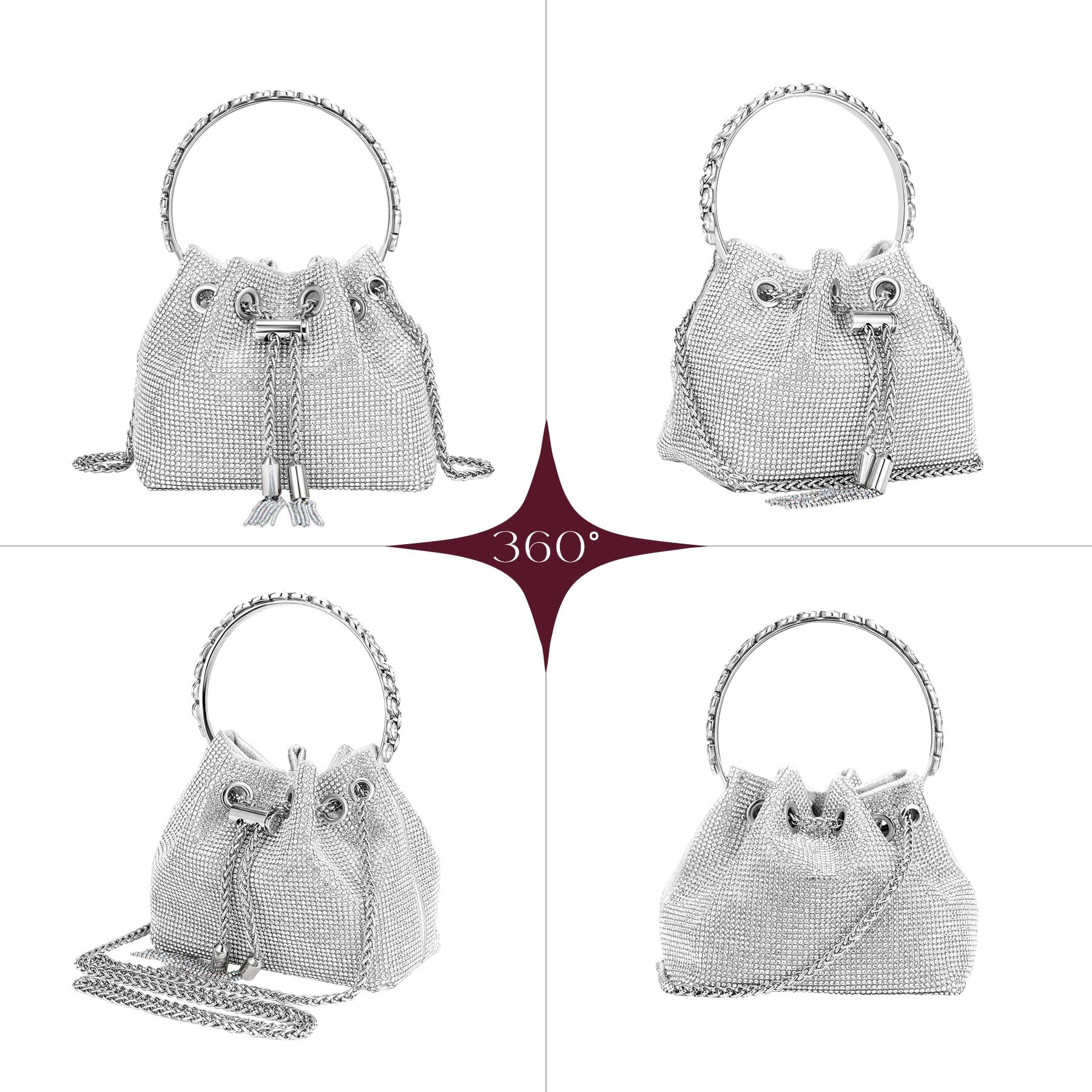 SWEETV Women's Rhinestone Bucket Bag, Evening Handbag Purse for Formal Wedding Cocktail Prom Party Club, Silver, Medium
