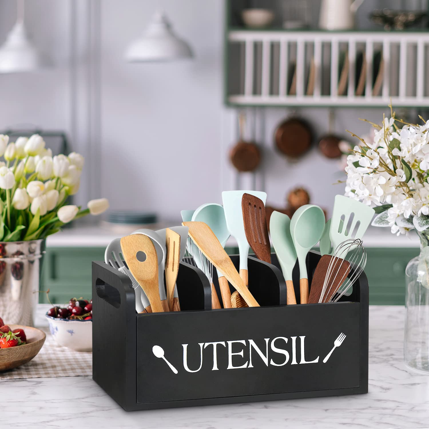 MEMOORIAL Utensil Holder for Kitchen Counter, Rustic Large Kitchen Utensil Organizer with 3 Compartments, Utensil Caddy Farmhouse Kitchen Decor for Flatware, Cooking Tools Storageā¦