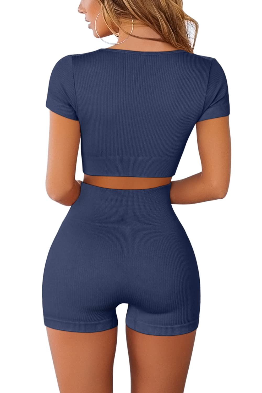 QINSEN Womens Workout Short Leggings 2 Piece Outfits Short Crop Tops Seamless High Waist Booty Shorts M