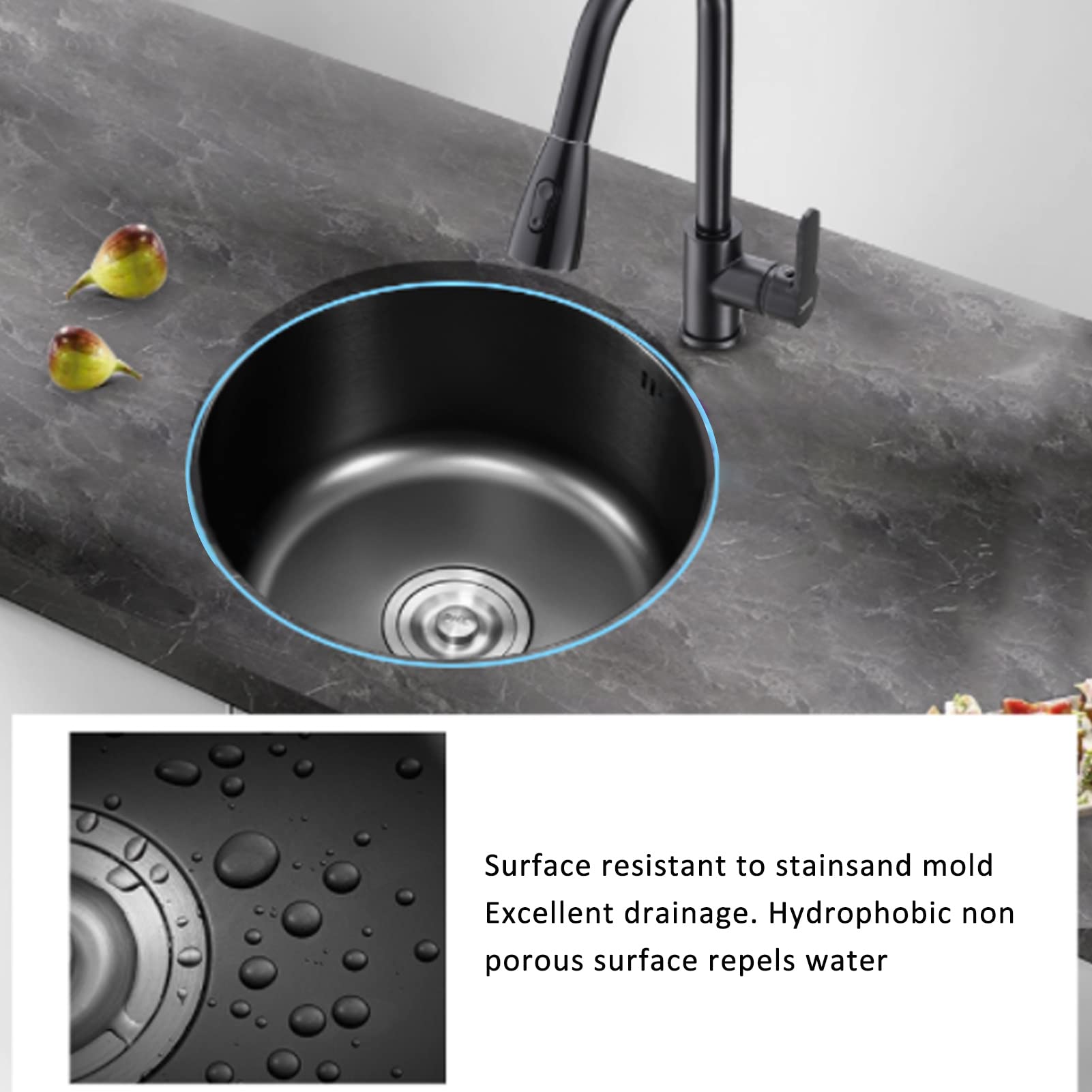 Kitchen Sink Undermount Stainless Steel Single Bowl, Mini Round Kitchen Sink Bar Round Basin Wet Bar Sink with Strainer & Bottom Grid(Black)