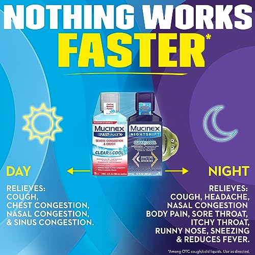 Maximum Strength MUCINEX Fast-MAX Severe Congestion & Cough Clear & Cool & MUCINEX Nightshift Cold & Flu Clear & Cool Liquid (2 x 6 fl. oz.) Multi-Symptom Relief with a Burst of Cooling Menthol