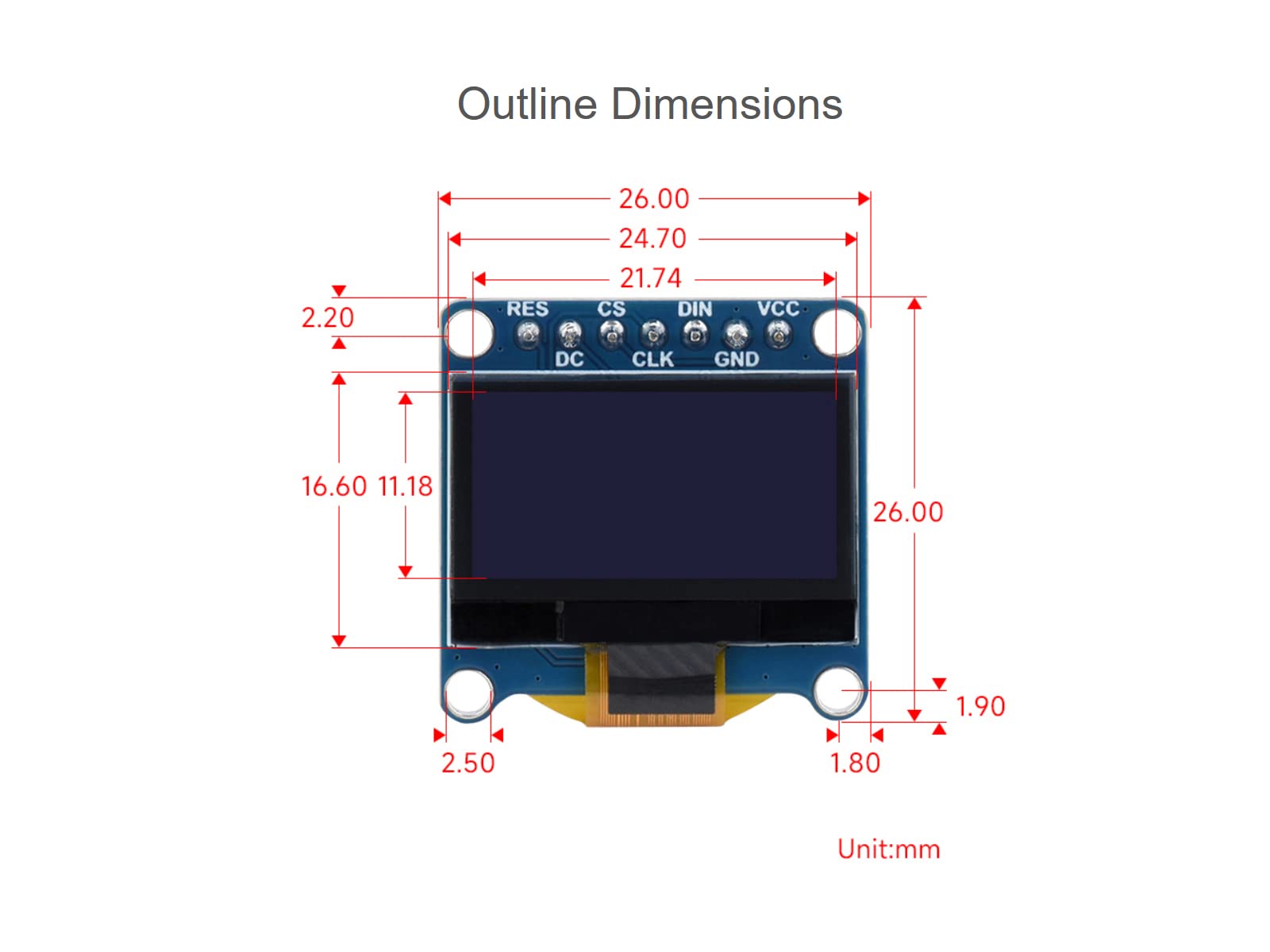 waveshare 0.96inch OLED Display Module for Raspberry Pi/Arduino/STM32, 128×64 Pixels Screen, Blue Display Color, 4-Wire SPI / I2C Communication Interfaces, 3.3V / 5V
