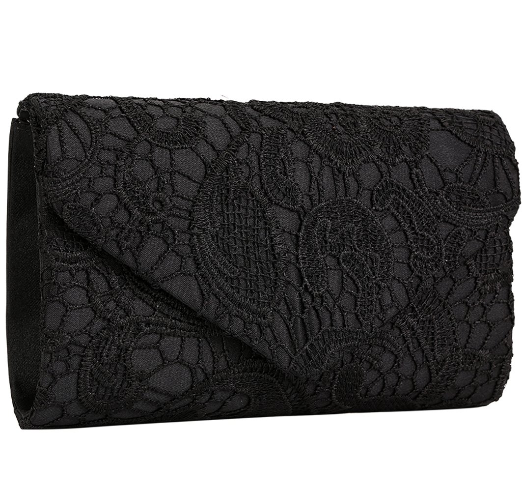 Jubileens Women's Elegant Floral Lace Envelope Clutch Evening Prom Handbag Purse (Black)