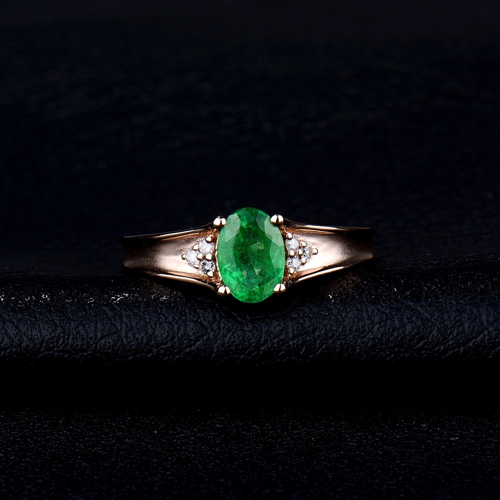 Lanmi Solid 14K Rose Gold Natural Green Emerald Diamonds Engagement Ring Wedding Rings for Ladies Women Promotion