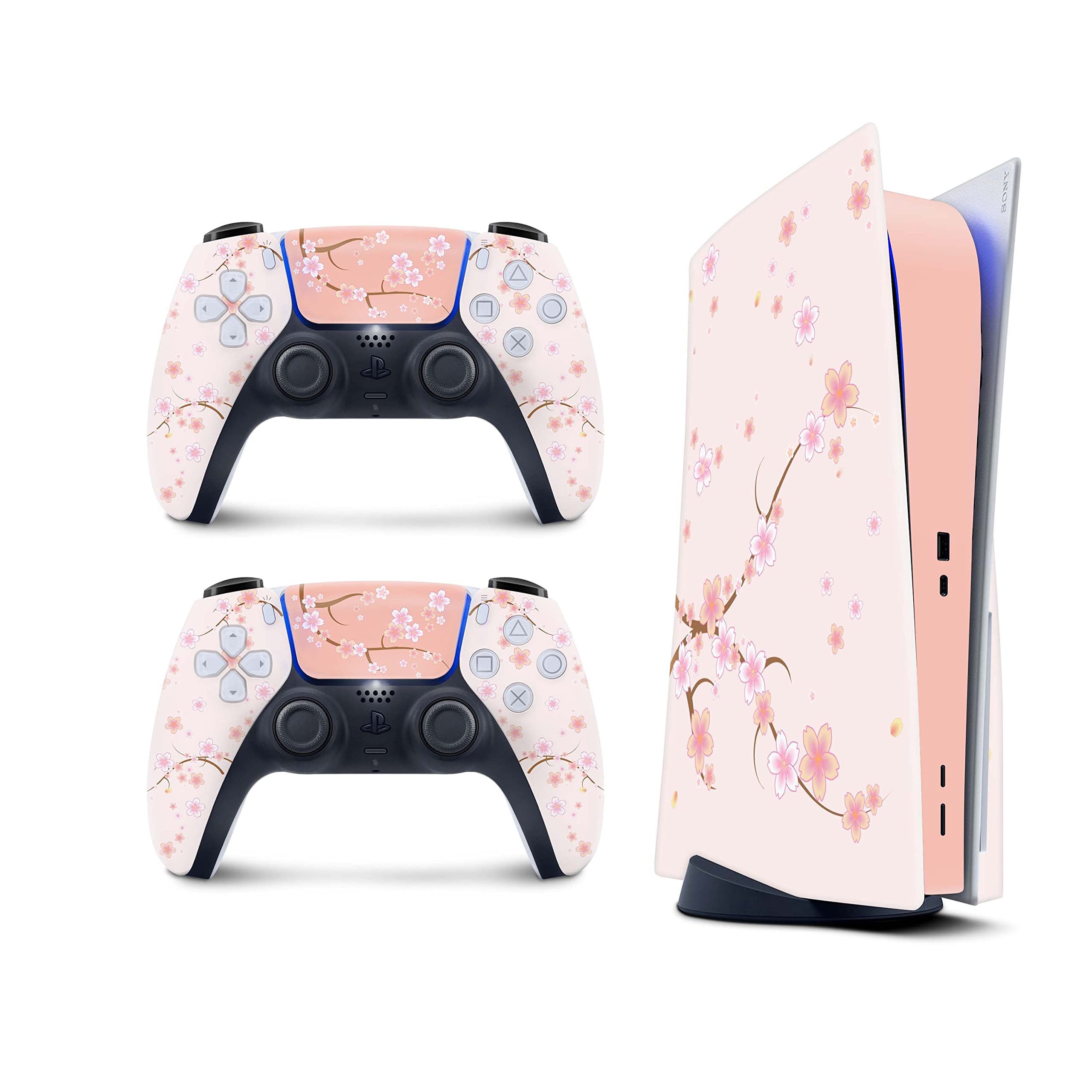 PS5 Japanese Cherry Blossom flowers Skin for PlayStation 5 Console and 2 Controllers, Pink Color skin Vinyl 3M Decal Stickers Full wrap Cover (Disk Edition)
