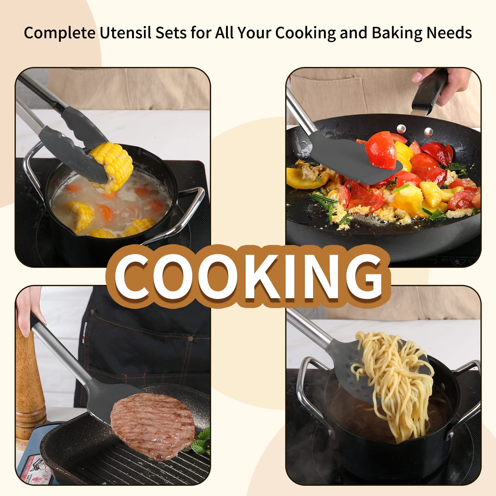 Kitchen Utensils Set, 15 Pcs Silicone Cooking Utensil Set with Stainless Steel Handle, Non-stick Heat Resistant Food Grade Silicone Cookware with Holder, Stylish Kitchen Spatulas Set (Grey)