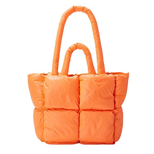Puffer Tote Bag Quilted Tote Bag for Women Down Fall Winter Handbag Puff Bag Aesthetic Shoulder Bag Stuffing Pillow Bag (X-Orange)