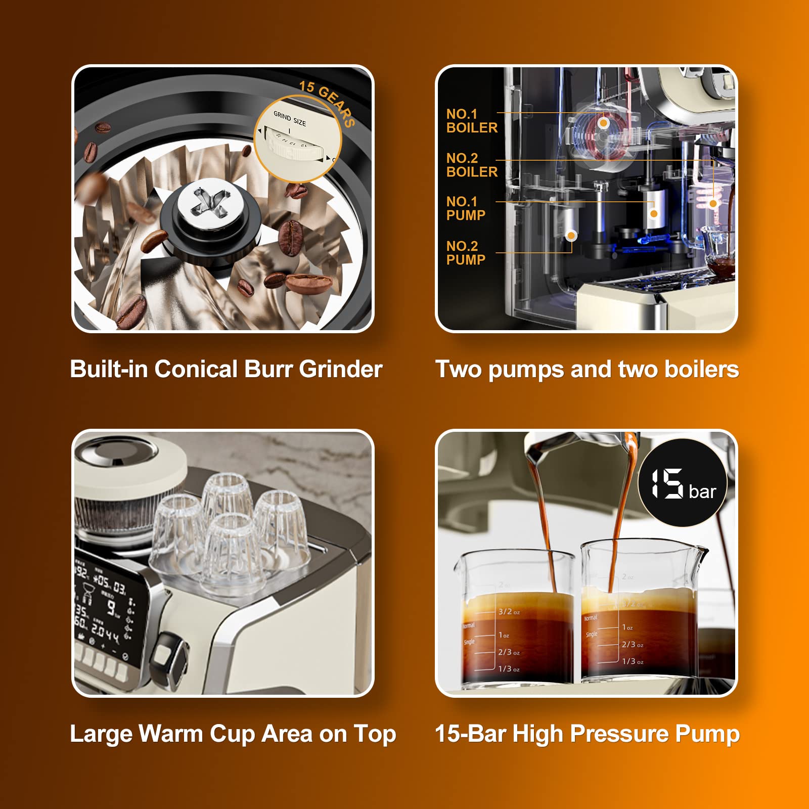 Mcilpoog TC520 Espresso Machine with Milk Frother,Semi Automatic Coffee Machine with Grinder,Easy To Use Espresso Coffee Maker with 6 inch Large Screen,15 Bar Pressure Pump,PID Temperature Control.