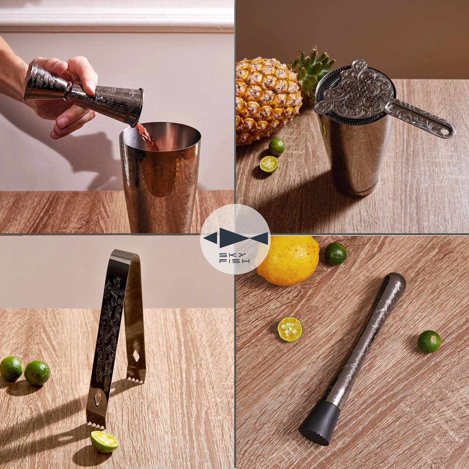 SKY FISH Bartender Kit Cocktail Shaker Set-7 Pieces Stainless Steel Black Plated Etching Bar Tools with Boston Shaker Tins,Mixing Spoon,Mojito Muddler,Japanese Double Jigger,Hawthorne Strainer