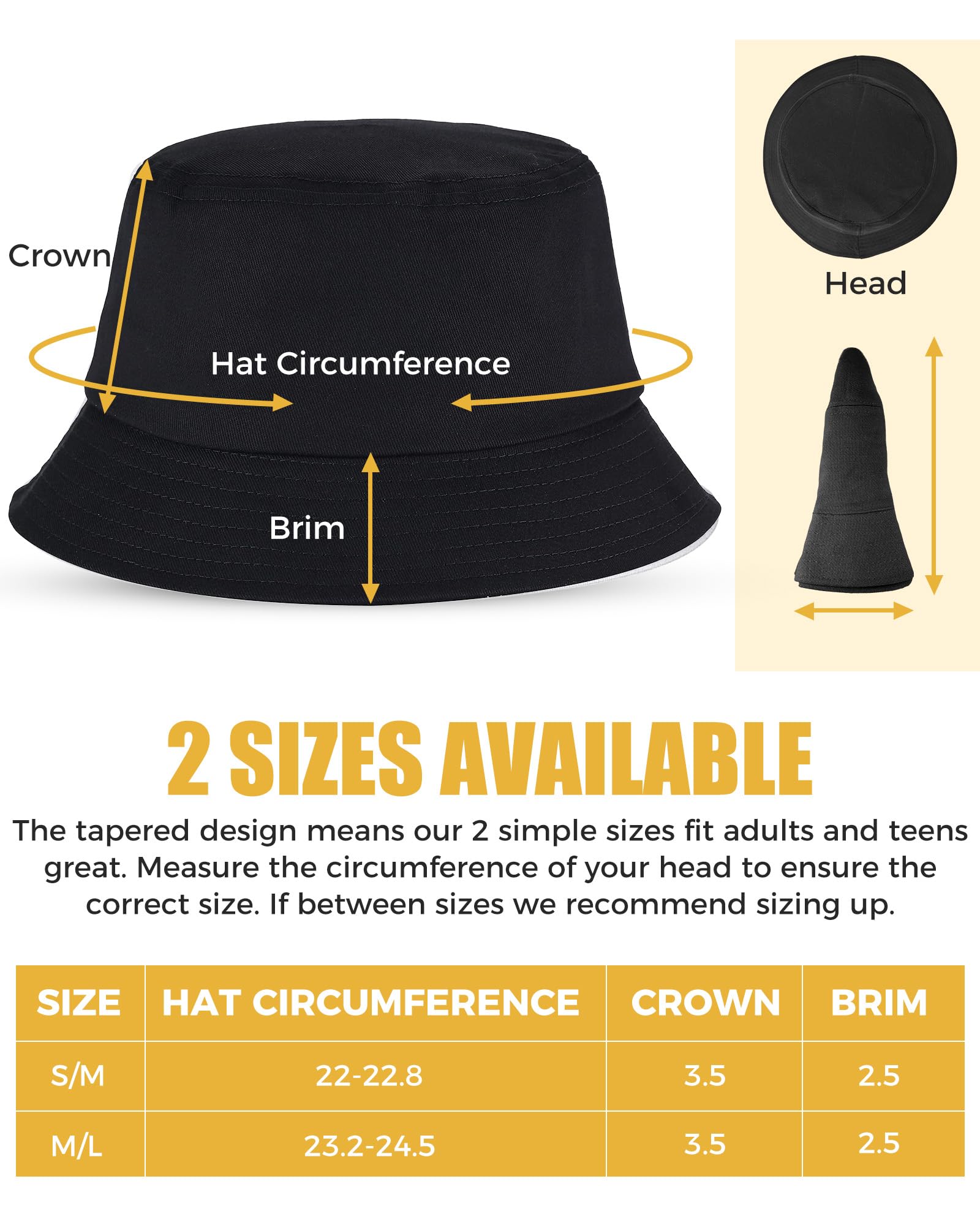 Unisex Bucket Hat for Women Men Cotton Summer Sun Beach Hat, Denim Packable Fisherman Cap for Casual, Trips, Sports, Black, M/L