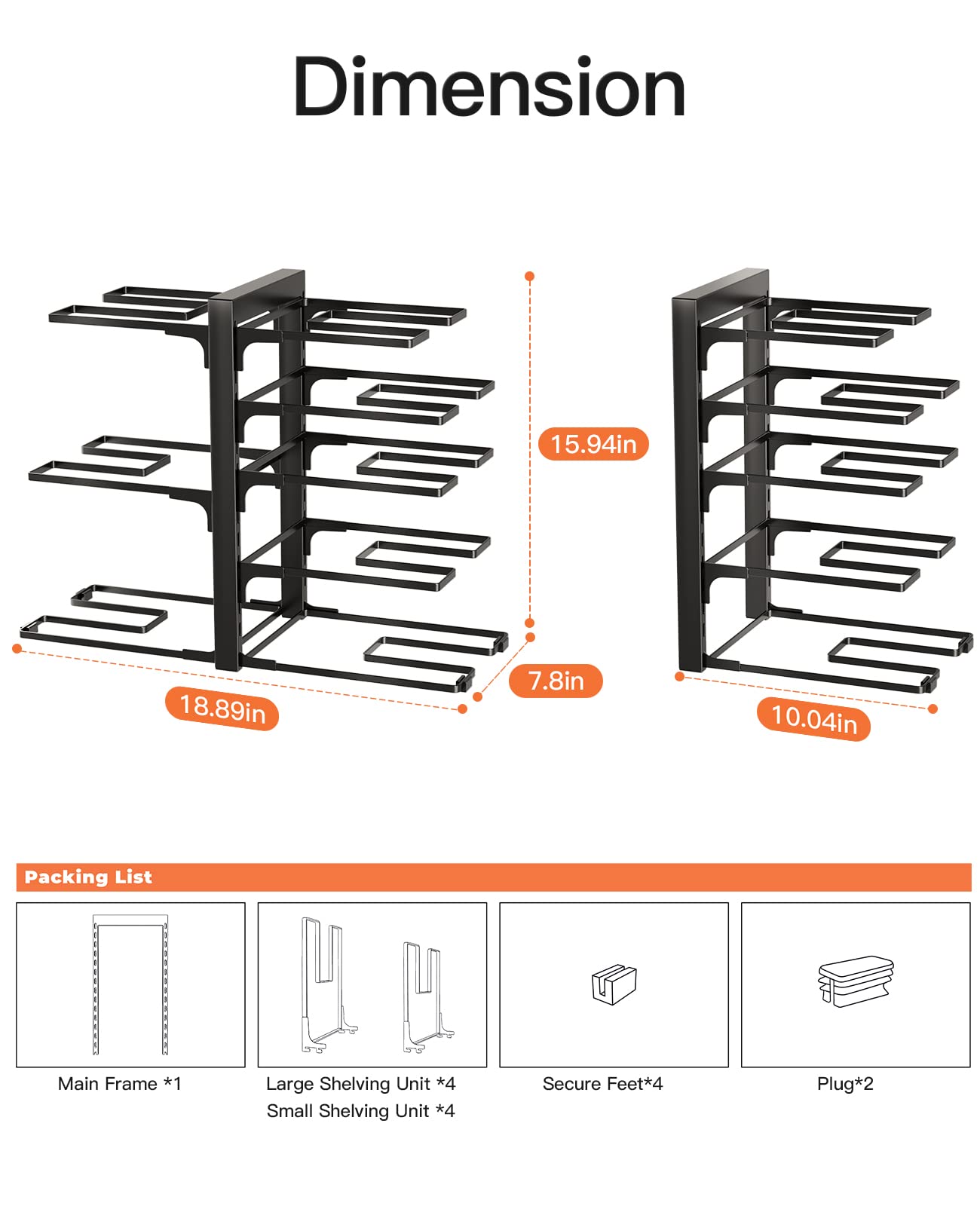 ORDORA Pots and Pans Organizer: Rack for Cabinet, 8-Tier Heavy Duty 120LBS Pots Pans Organizer Rack under Cabinet Adjustable for Dutch Ovens, Cast-iron Pans, Heavy Skillets Griddles, Shallow Pots