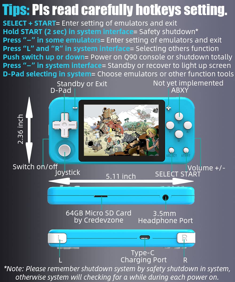 Q90 Handheld Game Console 3 inch Retro Games Consoles Built-in Rechargeable Battery Portable Style Hand Held Game Gaming Consoles System Turquoise 64GB