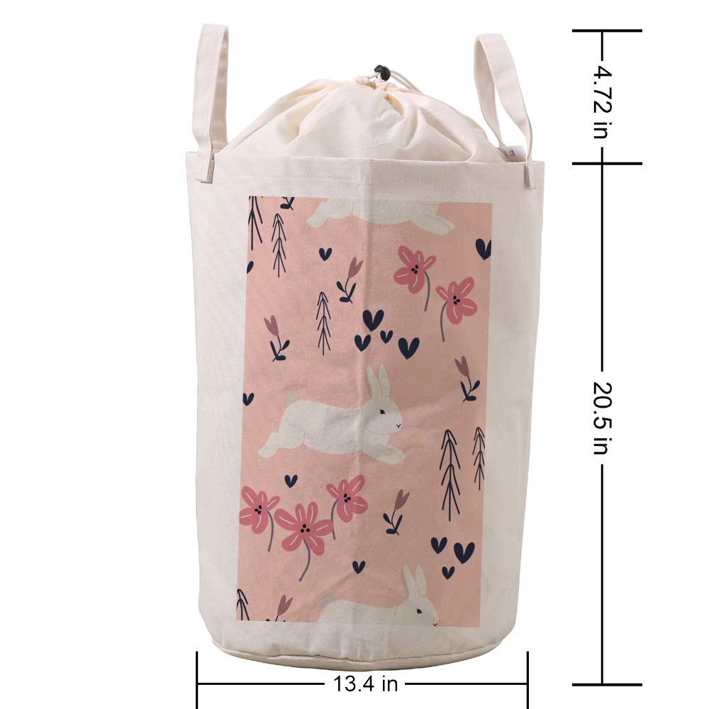 Laundry Bag Tote Cute Rabbits Flowers Pink Handles Large Capacity Cotton Linen Durable Drawstring Top Closure Lid Waterproof Storage Dirty Clothes Basket