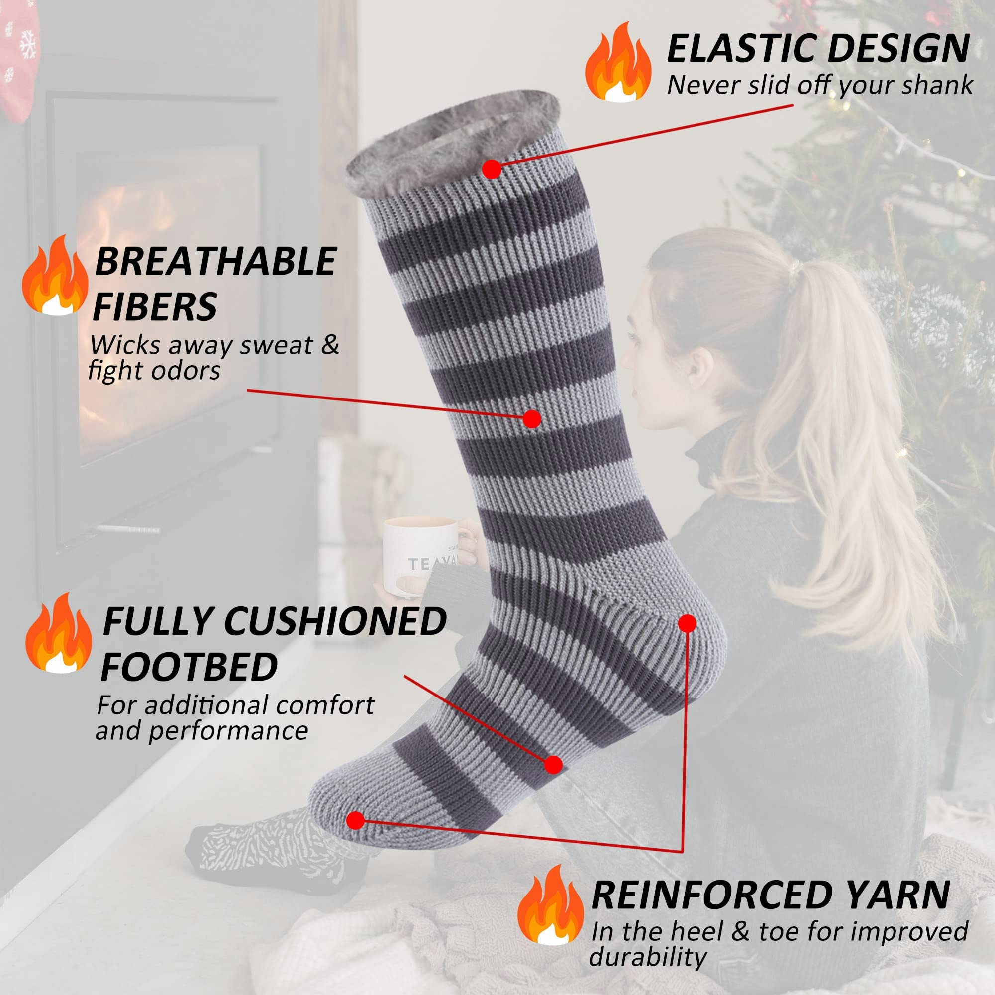 LANDUNCIAGA Men's Winter Thick Outdoor Warm Crew Socks Soft Comfort Cushion Boot Socks Bed Socks Extreme Cold Fleece Holder Socks, Large, Stripe Grey