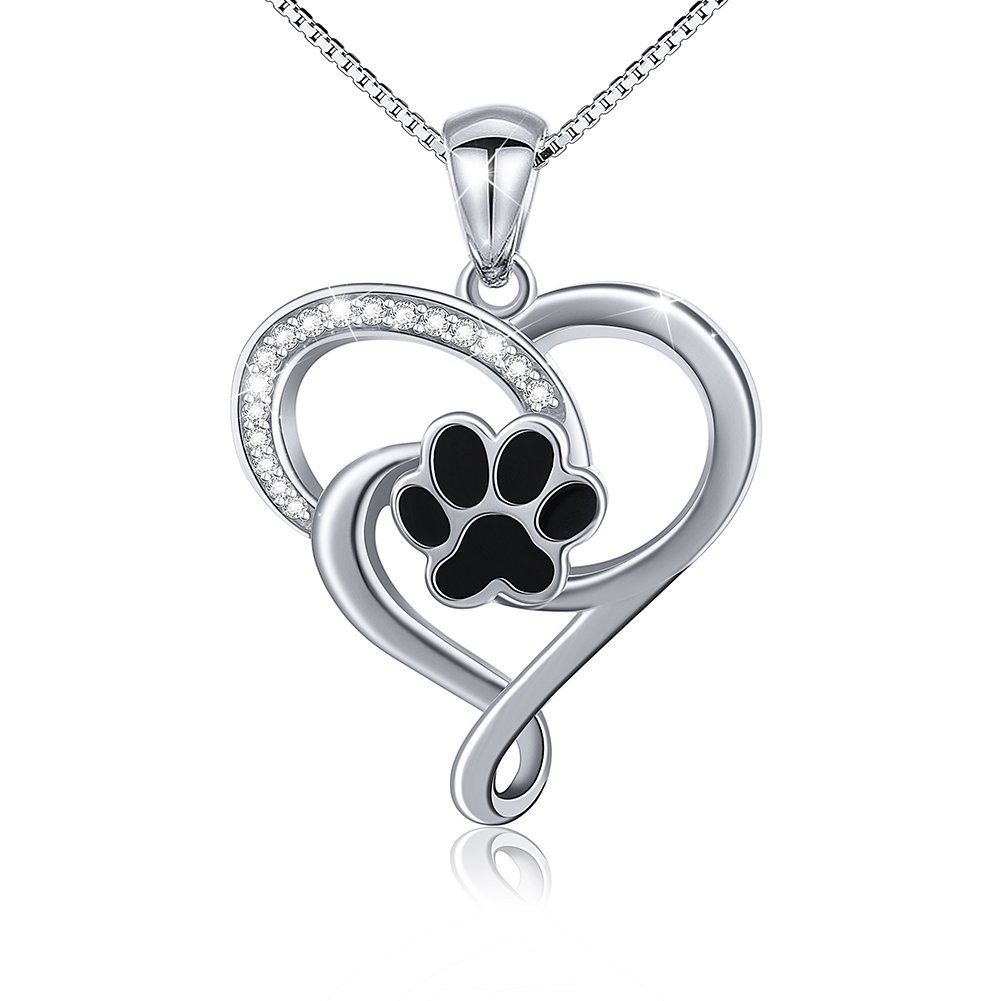 Ladytree S925 Sterling Silver Puppy Dog Cat Pet Paw Print Love Heart Pendant Necklace 18"