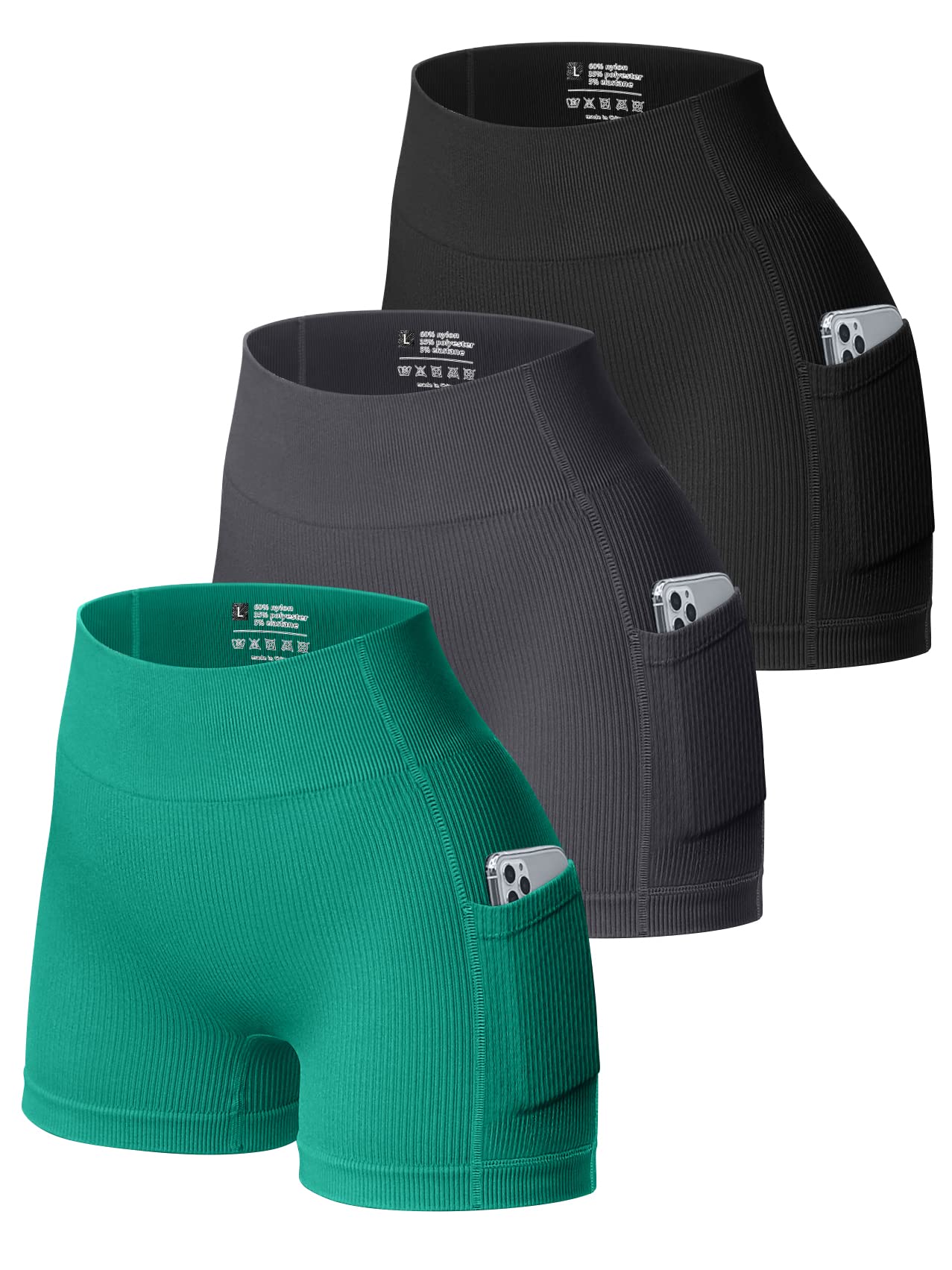 OQQ Women's 3 Piece Athletic Ribbed Seamless Workout High Waist Pockets Shorts, Black Grey Green, Large