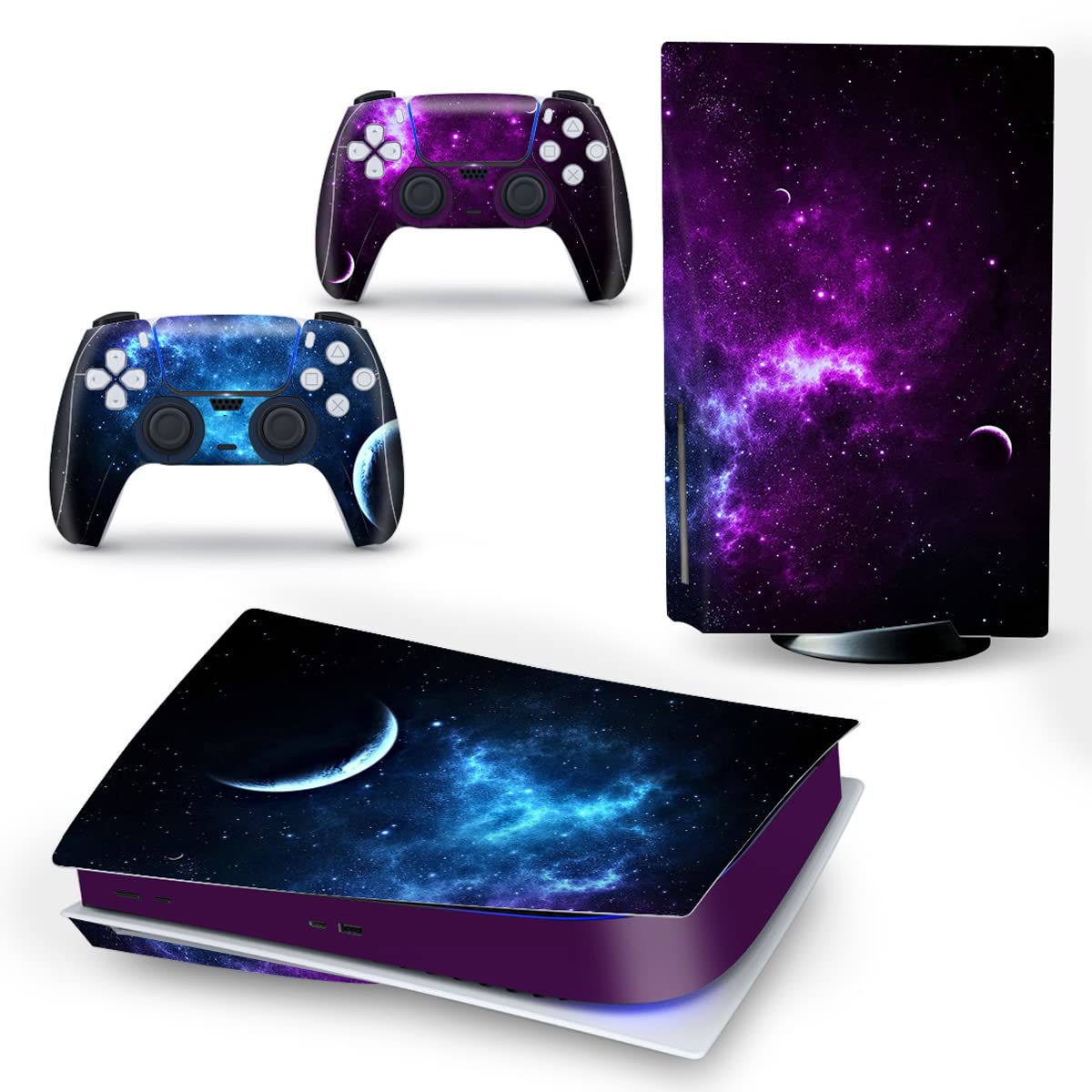 PS5 Skin Stickers Full Body Vinyl Skins Wrap Decals Cover for PS5 Disc Edition Console & Controllers (Purple Blue Interstellar)