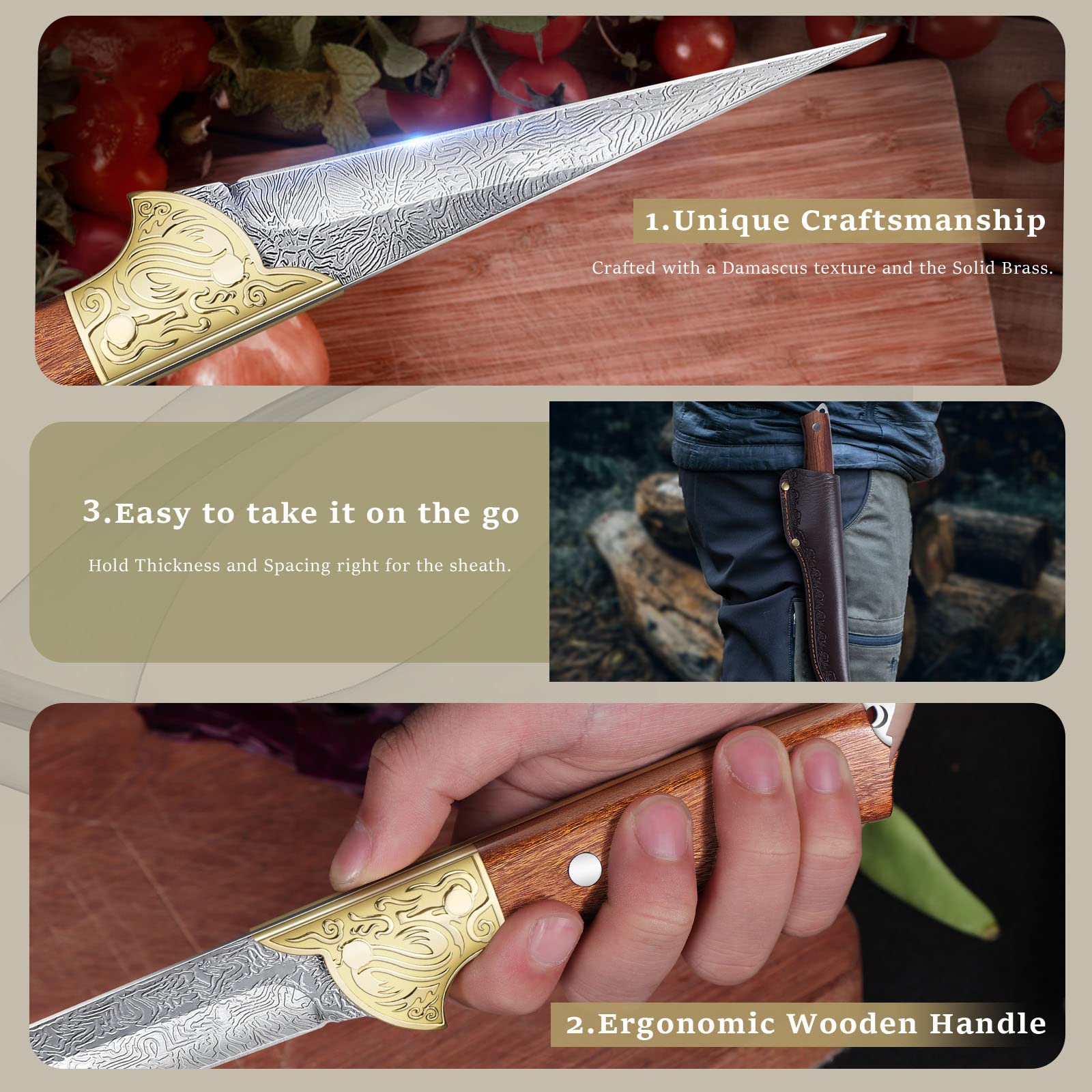 Purple Dragon Fish Fillet Knife 5" Razor Sharp Blade Japanese Premium Steel, Brisket Trimming Knives for Filleting and Boning,Wooden Handle,with Protective Sheath, Gift Idea