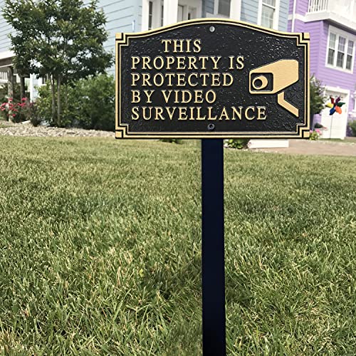 SmartSign 5.75 x 9.5 inch “This Property Is Protected By Video Surveillance” GardenBoss Statement Plaque with 18 inch Lawn Stake, 375 mil Rustproof Aluminum, Black and Gold, Set of 1