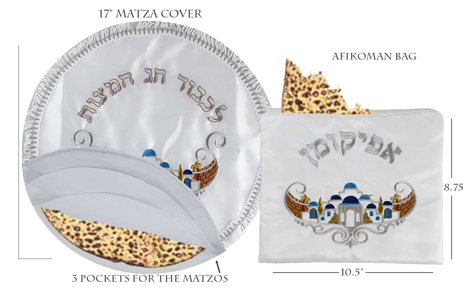 Passover Jerusalem Classics Seder Collection Complete Set Includes Seder Plate, Matzo Tray, Elijah Cup with Coaster, Kiddush Cup, Round Matzah Cover Afikoman Bag Pesach Dinnerware Set by Zion Judaica
