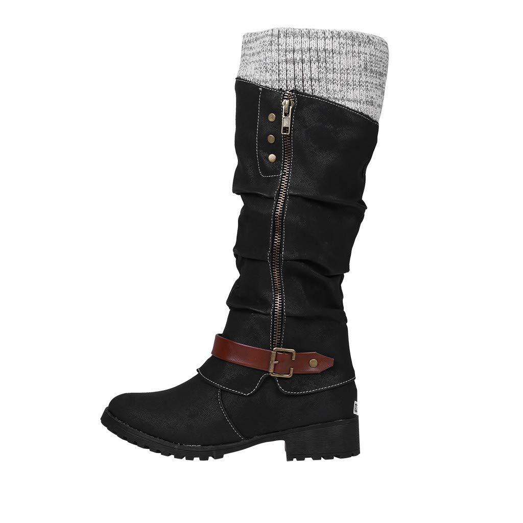 NOLDARES Boots for Women Wedge Heel Pointed Toe Buckle Platform Boots Casual Zipper Knee High Boots Low Heel Winter Zipper Boots Z12 Black 9