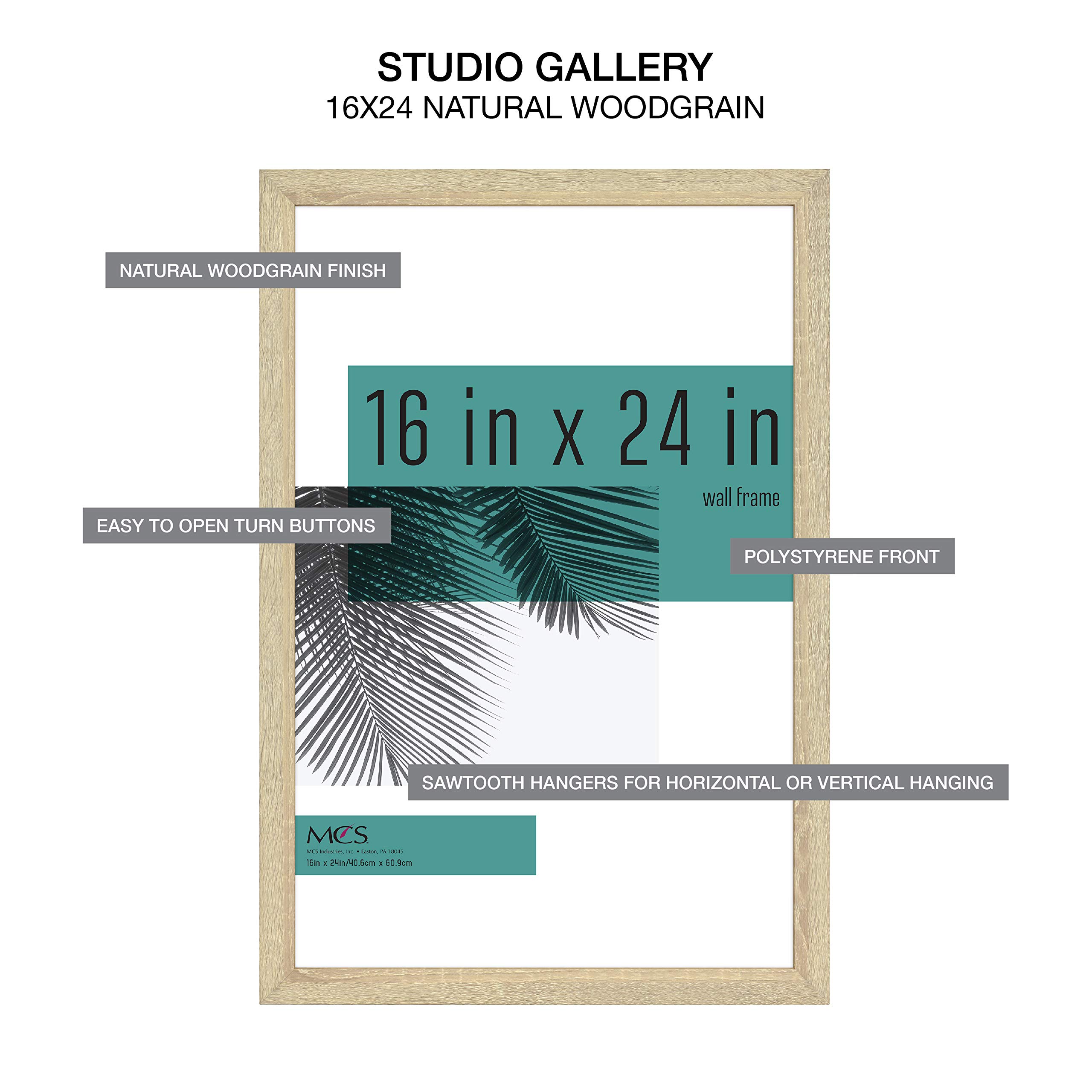 MCS Studio Gallery 16x24 Poster Frame Natural Woodgrain, Vertical & Horizontal Wall Hanging Large Picture Frame for Photos, Posters & Art Prints (1-Pack)