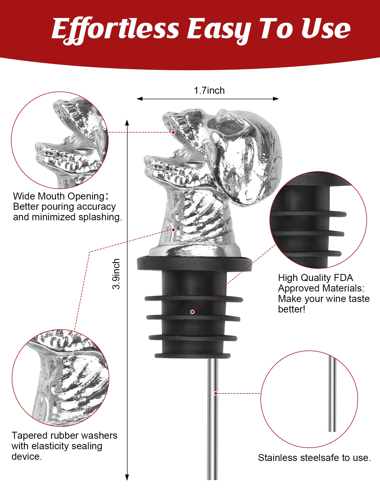 Skull Wine Aerator Pourer Spout - Anvy Lunda Liquor Bottle Pourers Skull Wine Decanter - Creative Gifts for Alcohol, Whiskey, Skull Lover (Silver)