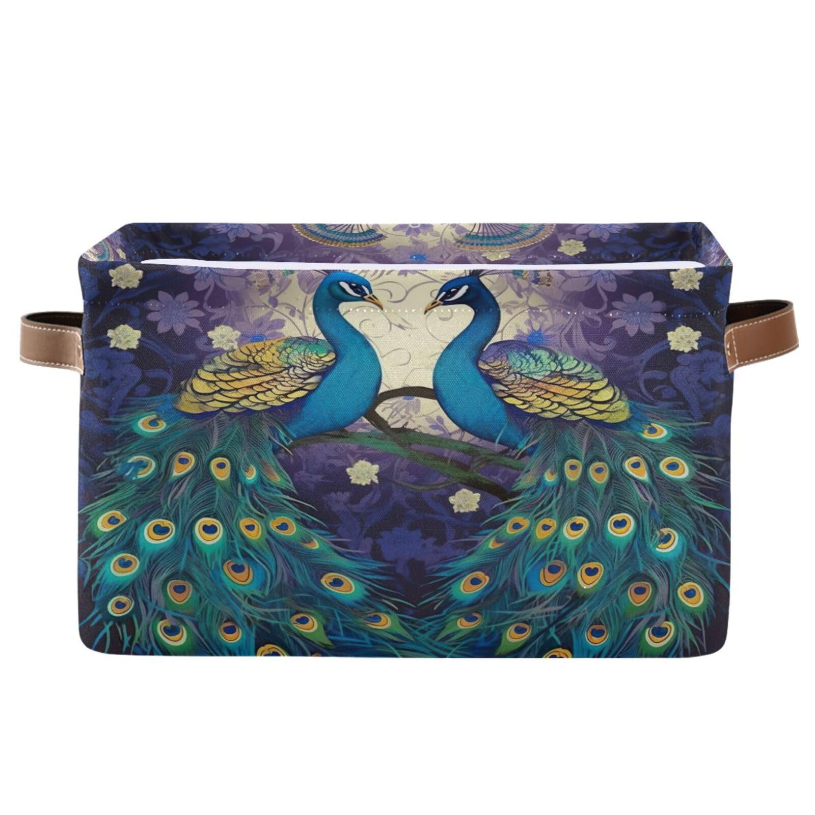 xigua Peacocks Pattern Storage Bins Foldable Canvas Fabric Storage Basket with Handles for Organizing, Large Storage Baskets for Shelves Closet