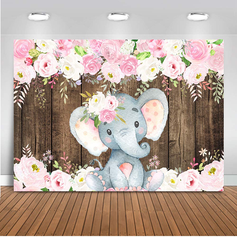 Mocsicka Floral Elephant Baby Shower Backdrop Pink Elephant Baby Shower Party Decoration 7x5ft Vinyl Girl Elephant Baby Shower Photo Background