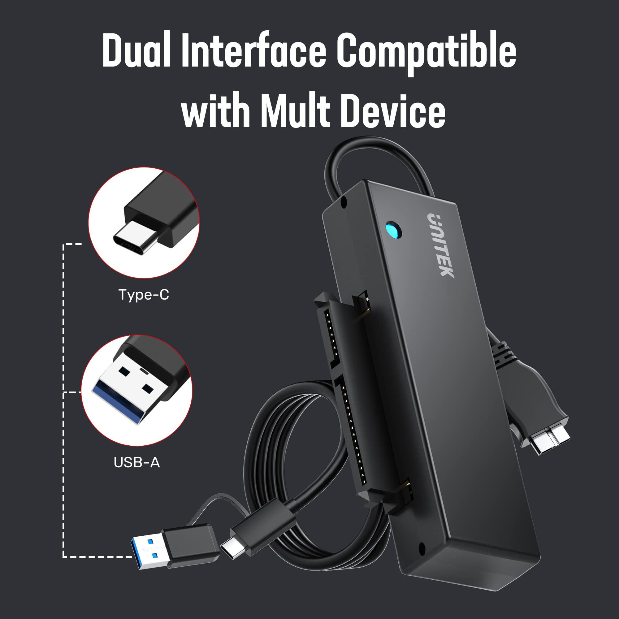 Unitek USB Type-C to SATA III Hard Drive Adapter External Kit Cable for 2.5 3.5 Inch HDD/SSD Hard Drive Disk, Optical Drive,with 2V/2A Power Adapter, Support UASP