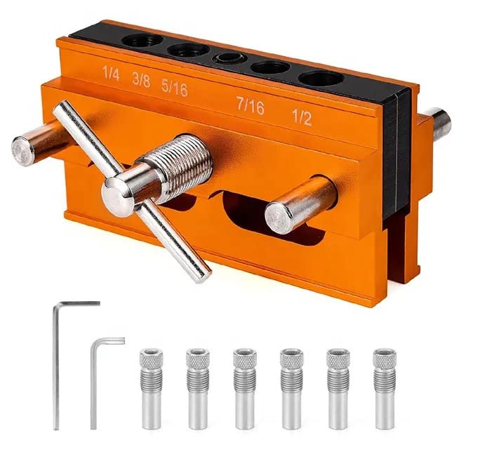 Mefape Self Centering Dowel Jig, Dowel Drill Guide for Straight Holes, Inch Scale Doweling Jig, Portable Drill Guide Drill Block for Woodworking Dowel Jig Kit with 6 Sleeves, 2.4” Drill Thickness
