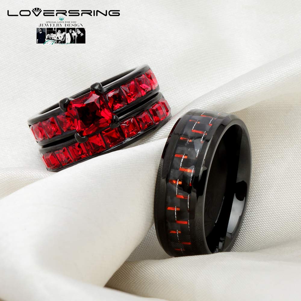 LOVERSRING Two Rings His and Hers Couple Ring Bridal Set His Hers 3pc Women Black Gold Filled Red Cz Man Stainless Steel Wedding Ring Band Set