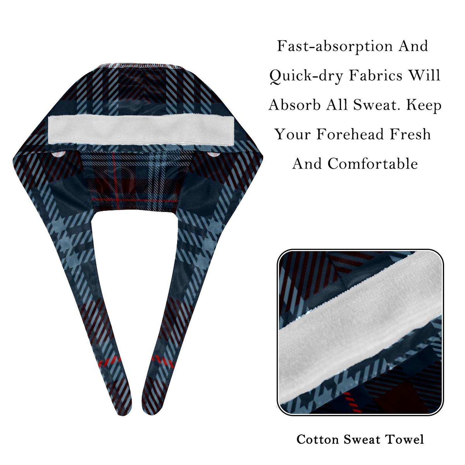 Pshhdgyhs 2 Pcs Adjustable Working Cap with Button, Tartan Plaid Pattern Navy Blue Black Surgical Cap Sweatband, Tie Back Hats for Women & Men Multicolor Hat diameter is 18cm/7in