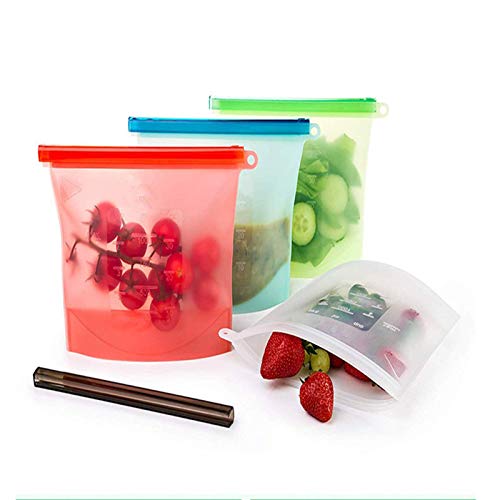 Reusable Silicone Food Storage Bags 4 Pack 500ML/16oz, Sandwich Containers, Stand Up Freezer and Fridge Storage, Microwavable, Dishwasher Friendly, kitchen Organization Silicone Reusable Bags