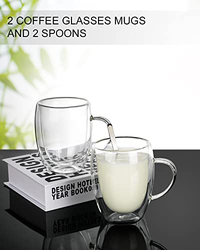 LIBWYS 2 Pack Double Walled Coffee Cups Glasses Mugs, 12oz Espresso Cappuccino Latte Tea Cups with Handle, Heat Resistant Borosilicate Clear Glasses 350ml