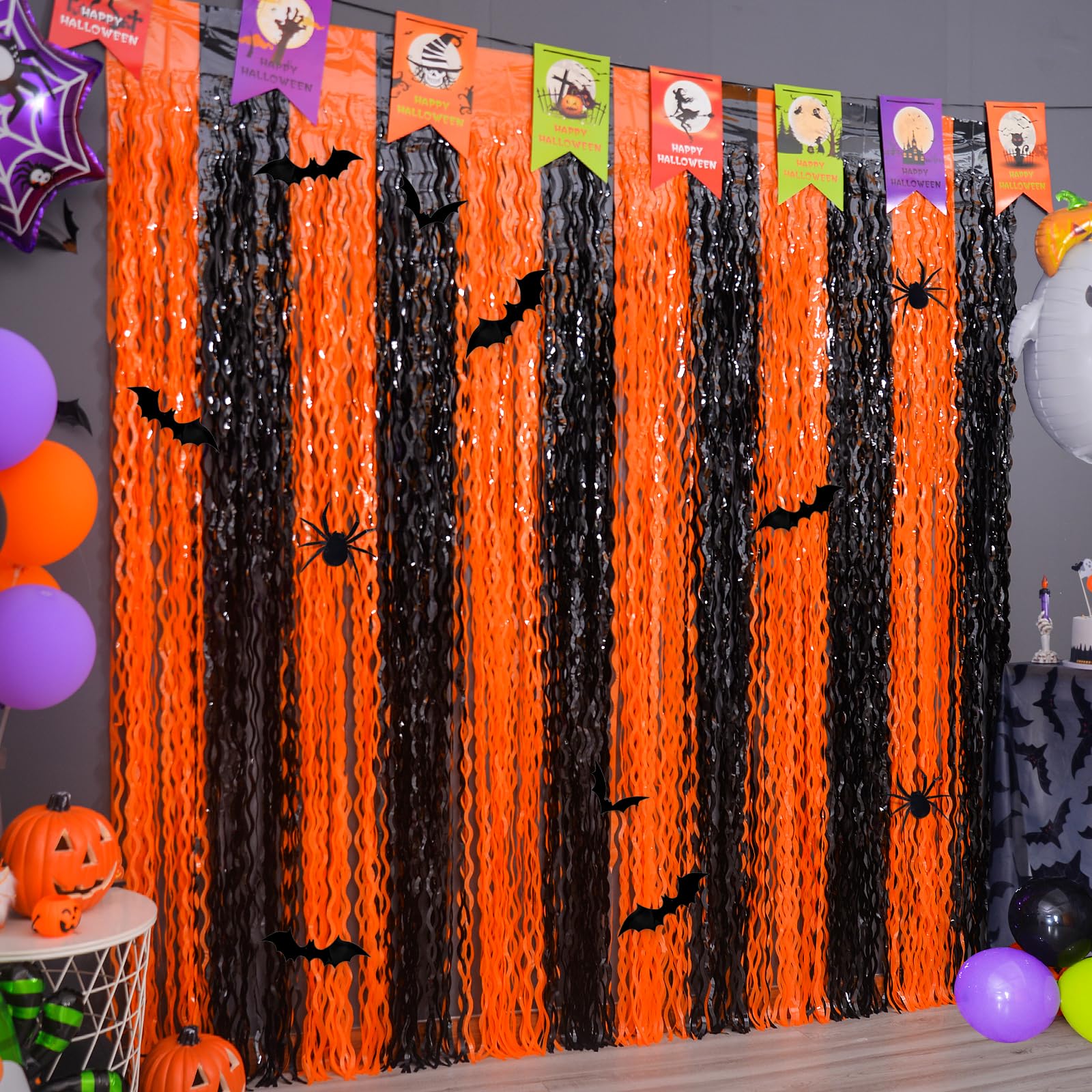 Mega-L Halloween Foil Fringe Curtains, 3 Pack Orange Black Photo Booth Props, 18 Pcs PVC Bat and Spider Stickers Decals Wall Decor Halloween Photo Backdrop for Halloween Party Decoration