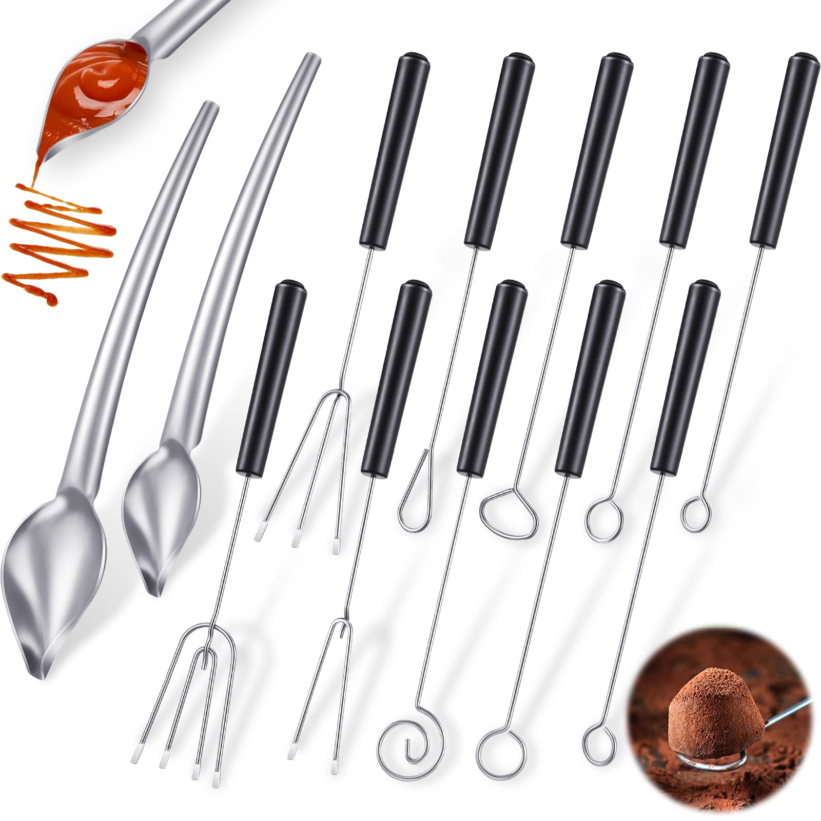 Patelai 12 Pcs Candy Dipping Tools Set Included 10 Pcs Chocolate Dipping Fork Spoons and 2 Pcs Stainless Steel Culinary Decorating Spoons Chef Art Pencil for Decorative Plates