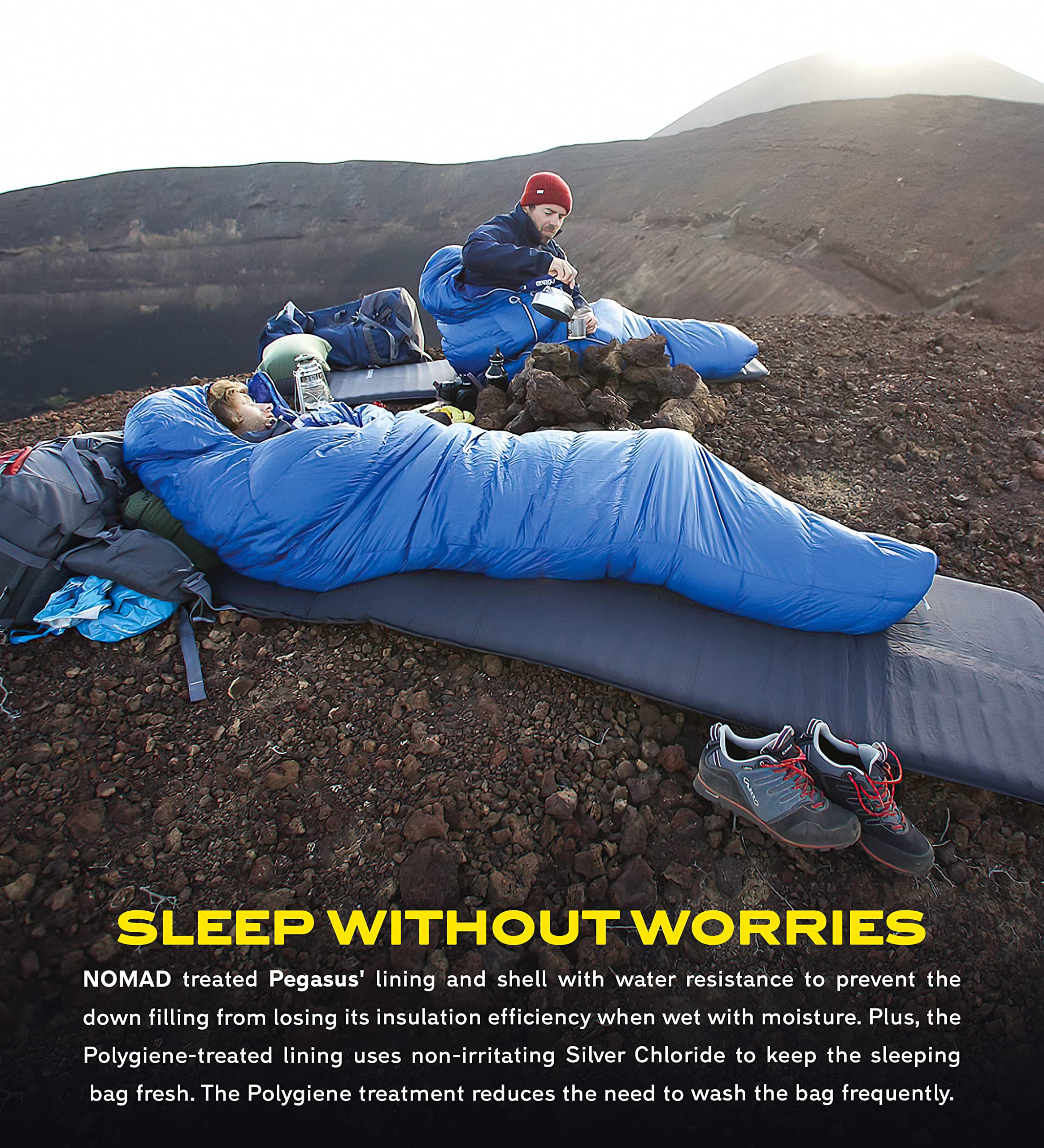 NOMAD Pegasus 340 Mummy Sleeping Bag for 3 Seasons - Water-Resistant and Lightweight Sleep Sack with Compression Stuffsack and Mesh Storage Bag for Hikers, Campers, and Backpackers (Deep Sky)