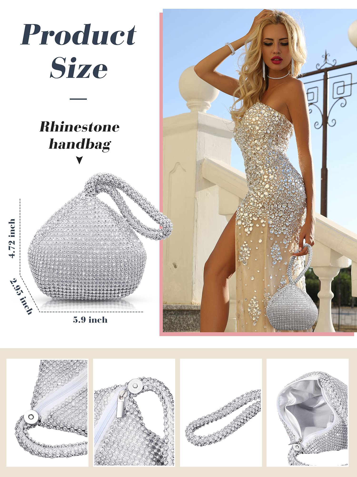 MTLEE Women Clutch Rhinestone Jewelry Set 4 Pieces Bridal Wedding Choker Bracelet Dangle Earrings Triangle Bling Glitter Purse for Party (Silver)